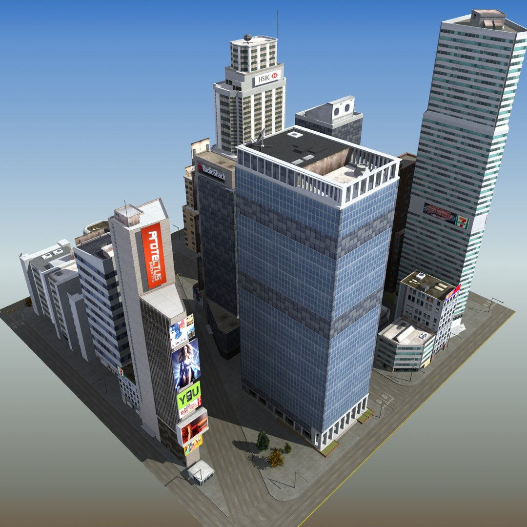 3d Model Of Downtown Skyscraper City Block