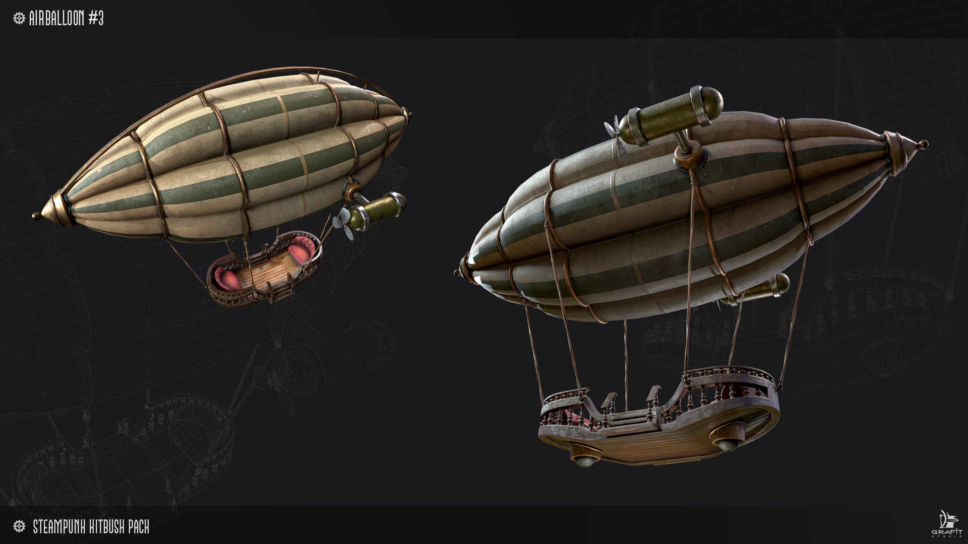 3D Steampunk Zeppelin Air Balloon Model Game Ready Kitbash Textured Low ...