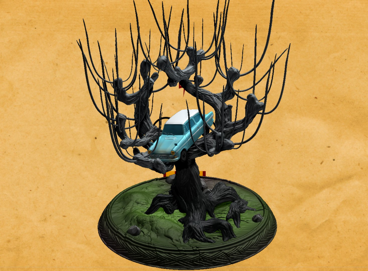 3D Whomping Willow With Ron And Harry Potter Car Ford Anglia Model ...