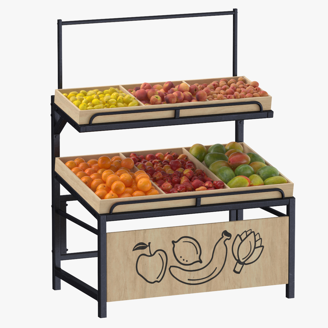 Wooden Display Rack 06 Full with Fruits - With and Without Tag 3D model ...