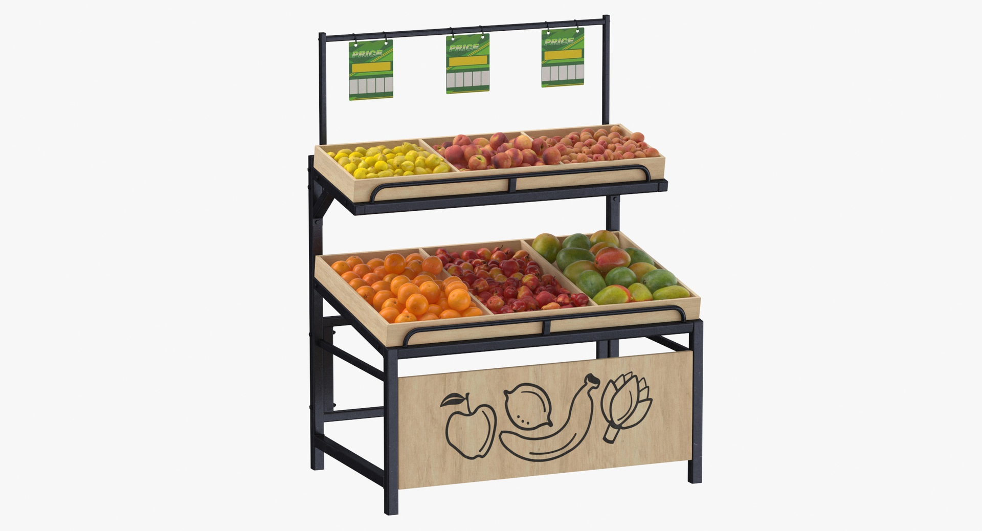 Wooden Display Rack 06 Full with Fruits - With and Without Tag 3D model ...