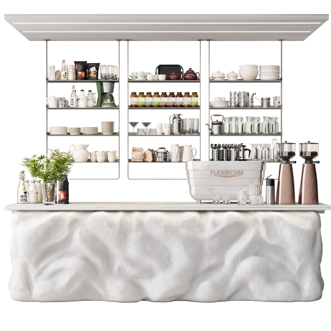 3D Design Project Of A Coffee Shop With Dishes And Coffee Machine Model ...