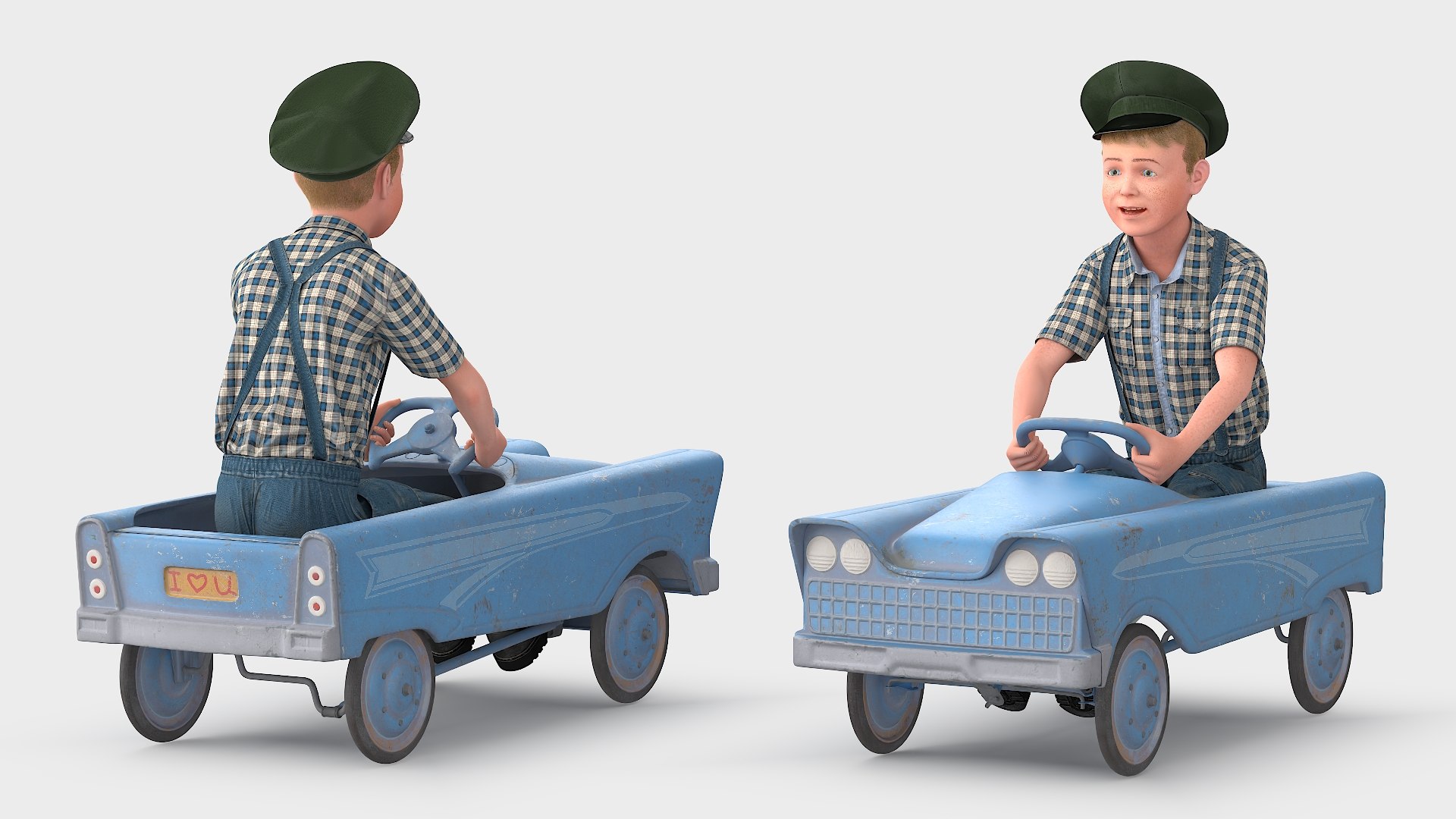 3D Old Vintage Blue Pedal Car With Boy Driver Fur Model - TurboSquid 2399582