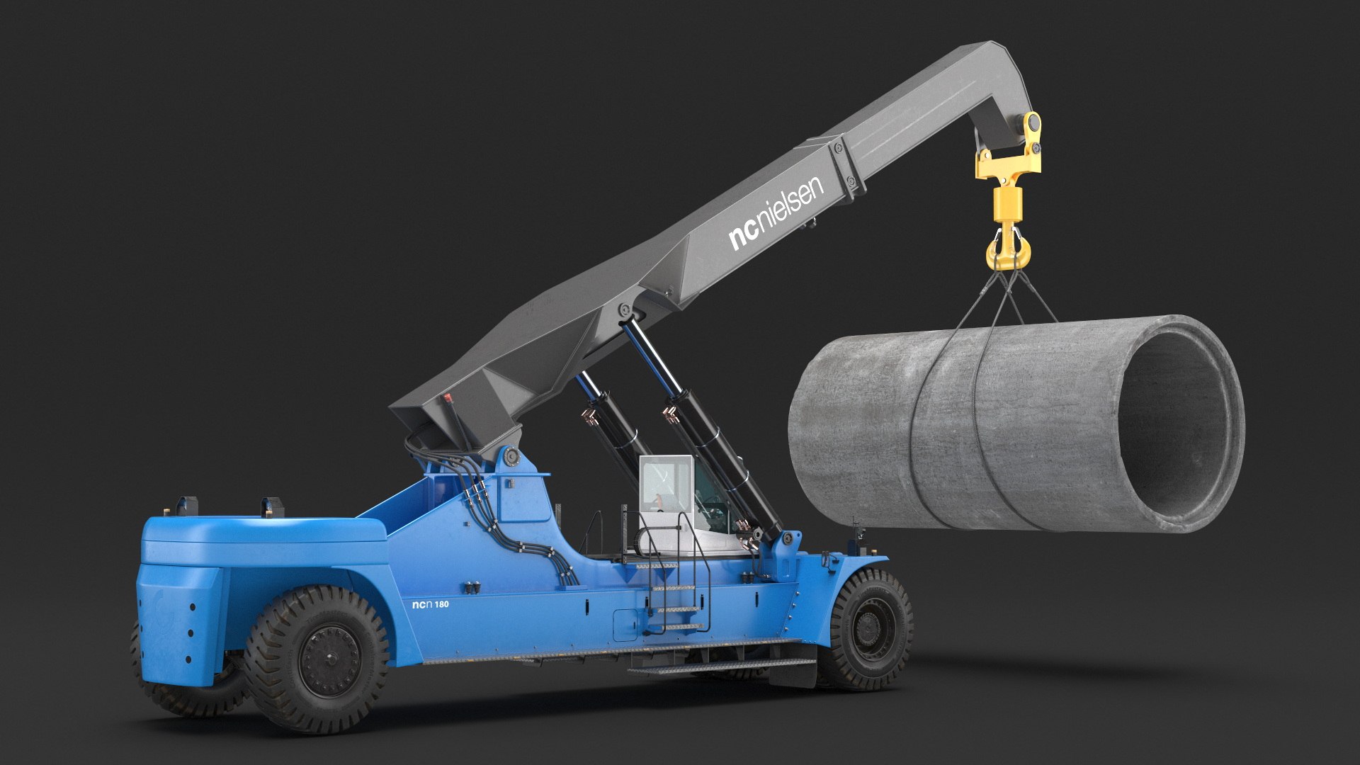 3D Model Mobile Reachstacker Nielsen NCN 180TH Lifting Concrete Pipe ...