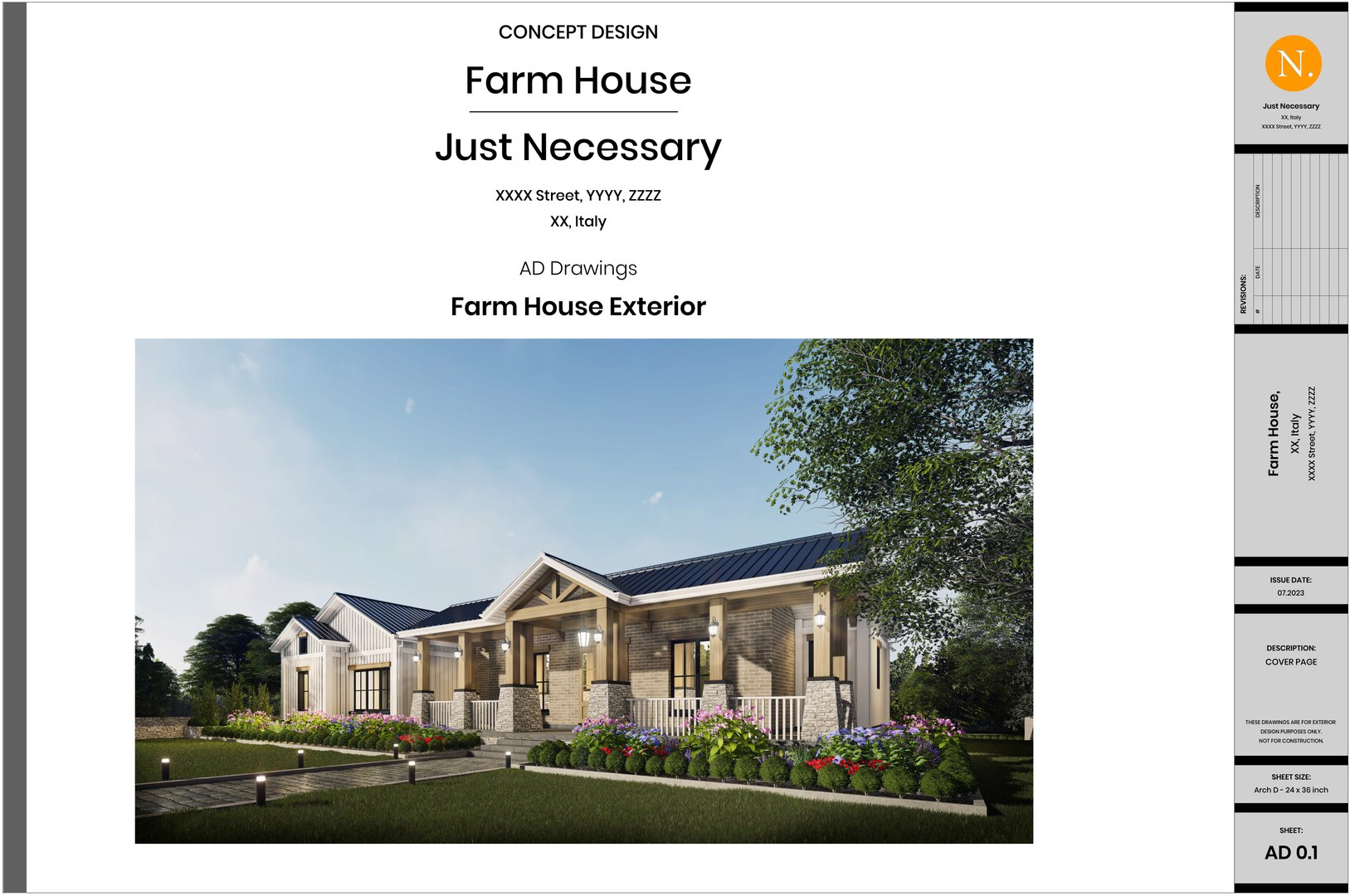 3D Farm House Exterior Scene - 2D Drawing Arch D - 36x 24 Inch 3D Model ...