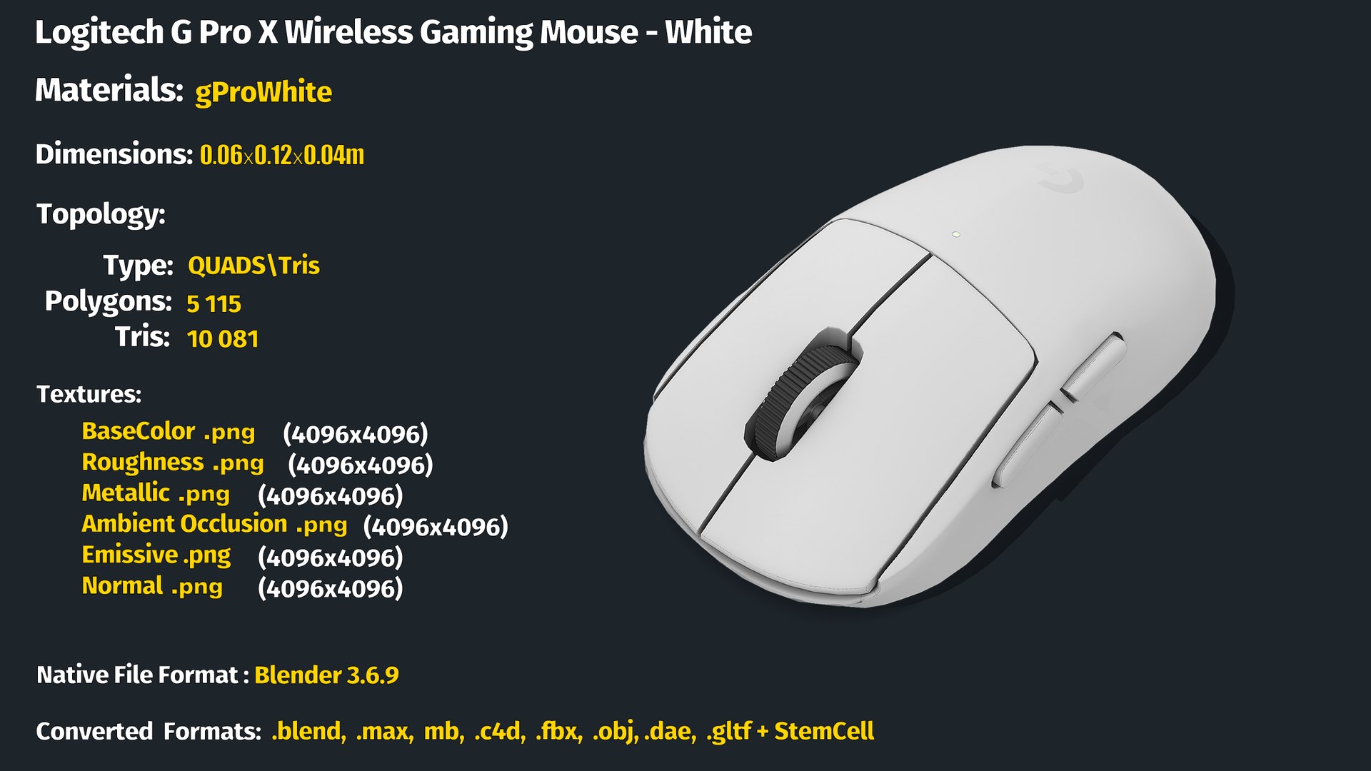 3D Logitech G Pro X Wireless Gaming Mouse - White Model - TurboSquid ...