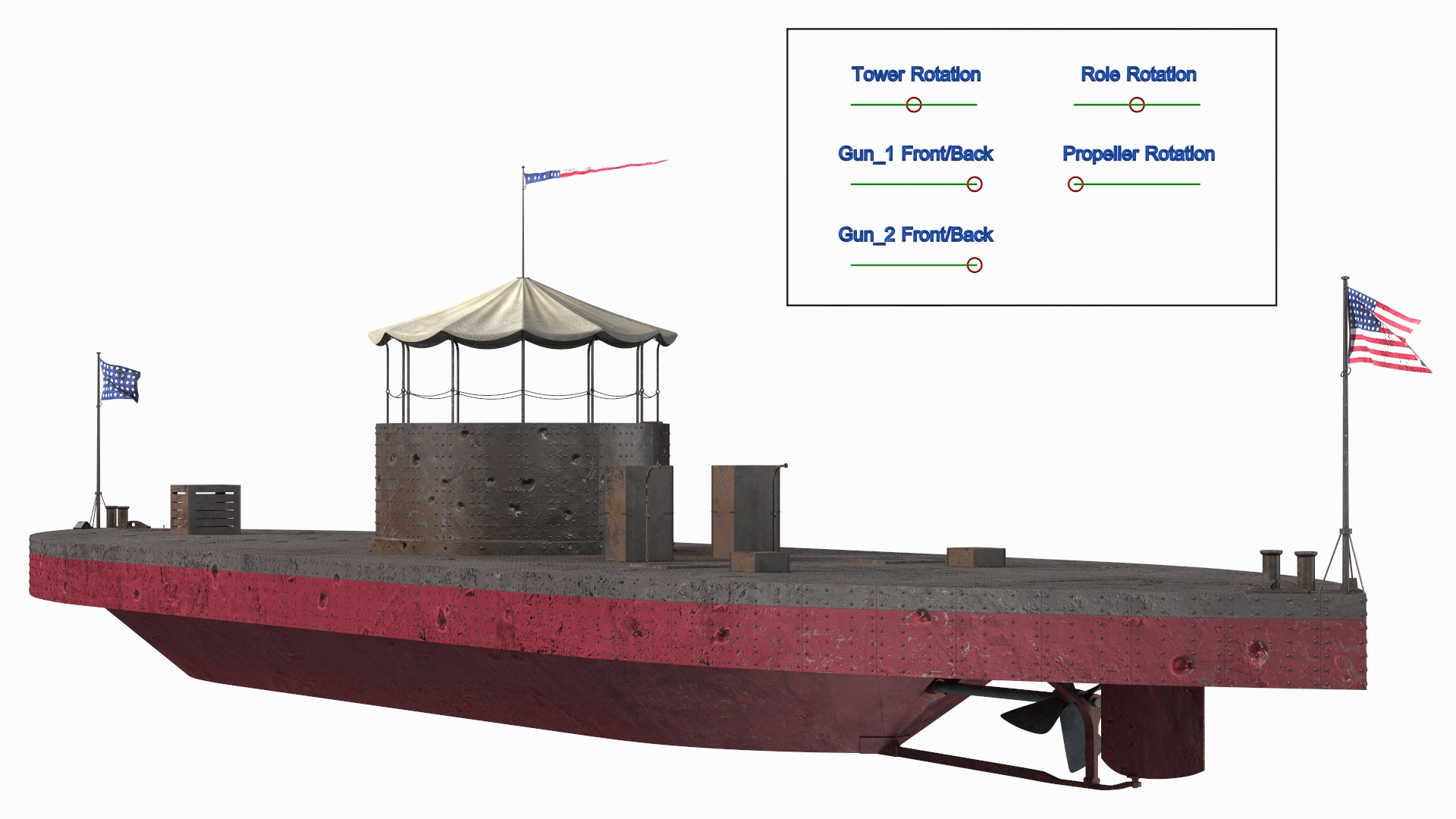 3D USS Monitor With Tower Old Rigged Model - TurboSquid 2210716