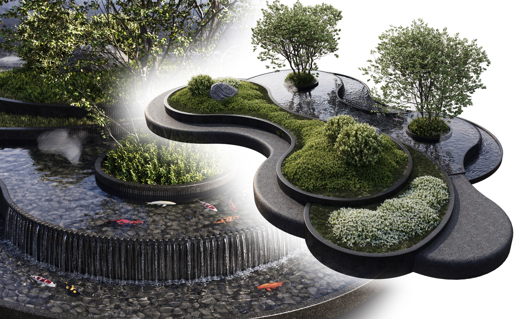 3D Landscaping Figure With Plants Waterfalls And Fish - TurboSquid 2128075