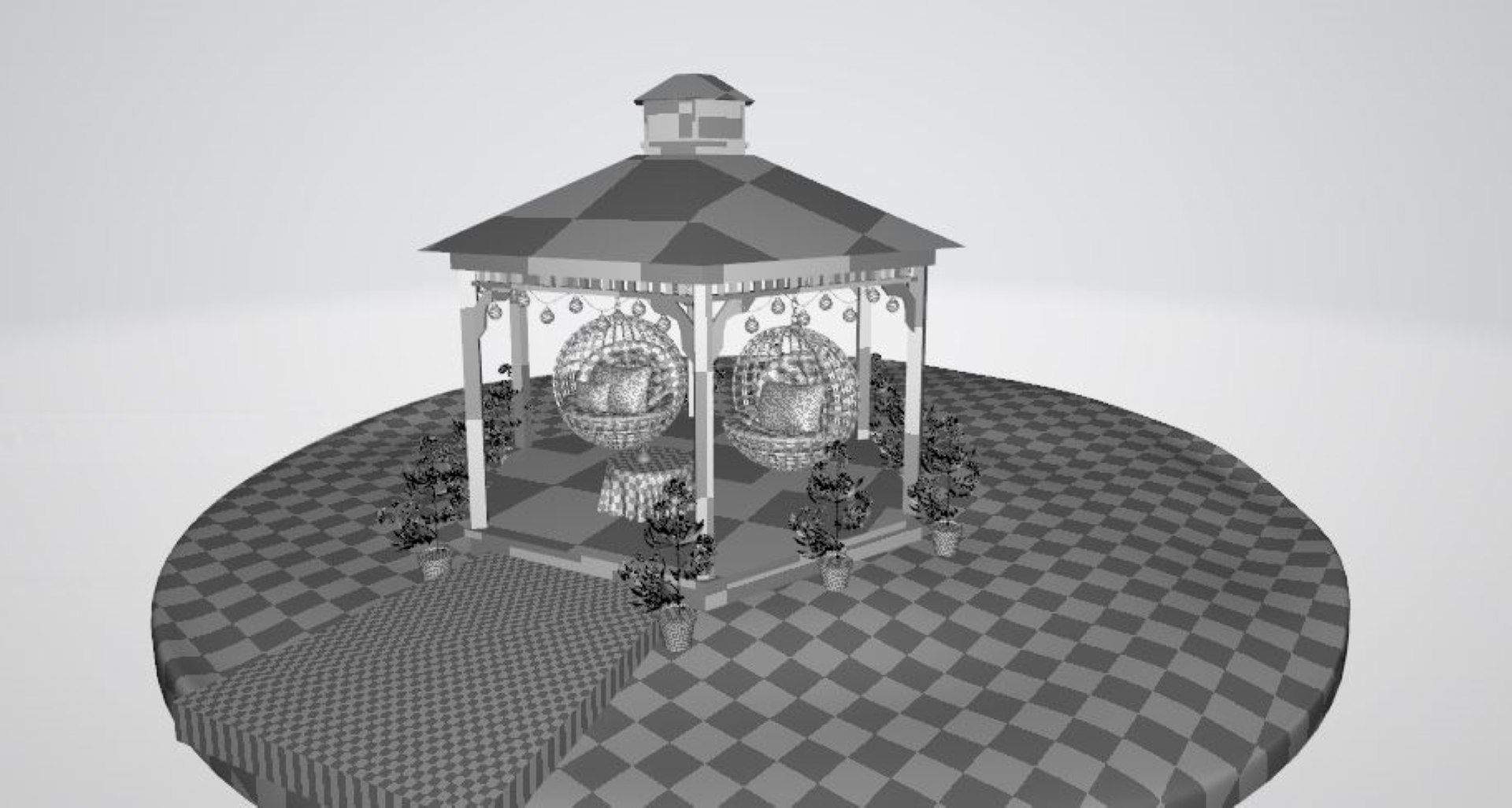 Realistic White Wooden Gazebo With Swing Chairs And Throw Pillows ...