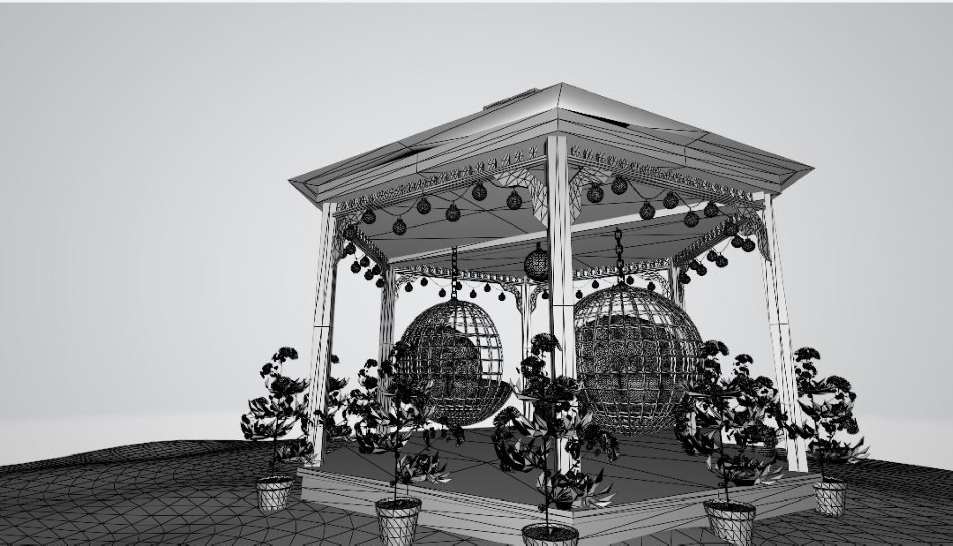 Realistic White Wooden Gazebo With Swing Chairs And Throw Pillows ...