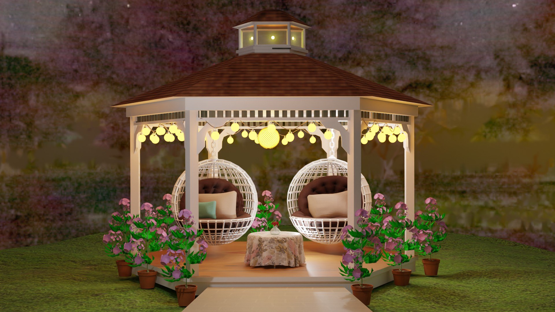 Realistic White Wooden Gazebo With Swing Chairs And Throw Pillows ...