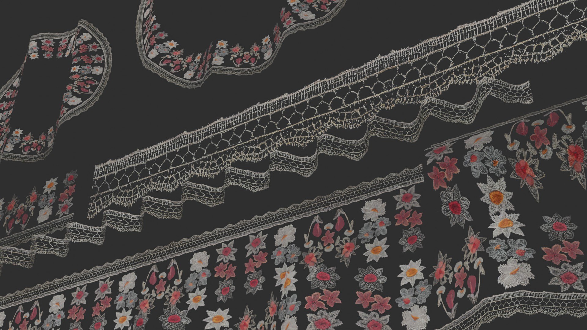 3D 3 Flowers Lace Borders And Trims Materials Textures - TurboSquid 2069932
