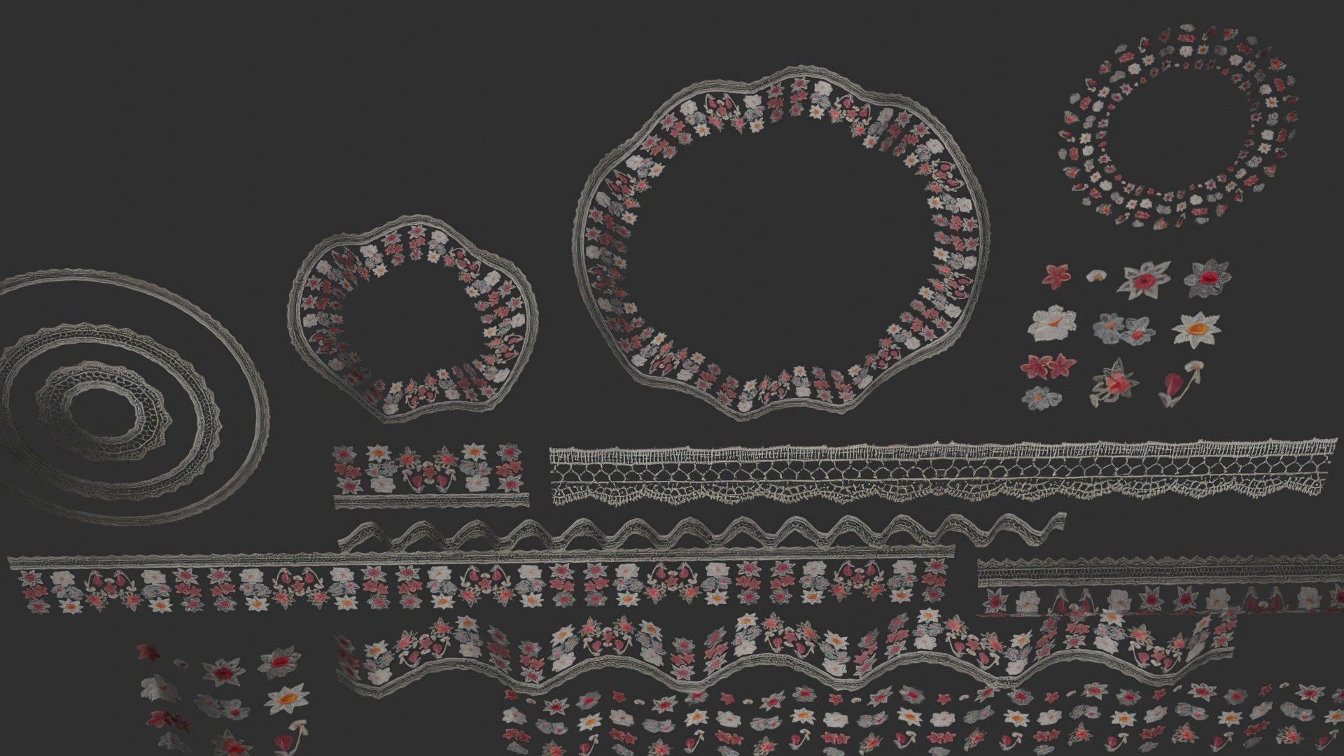 3D 3 Flowers Lace Borders And Trims Materials Textures - TurboSquid 2069932