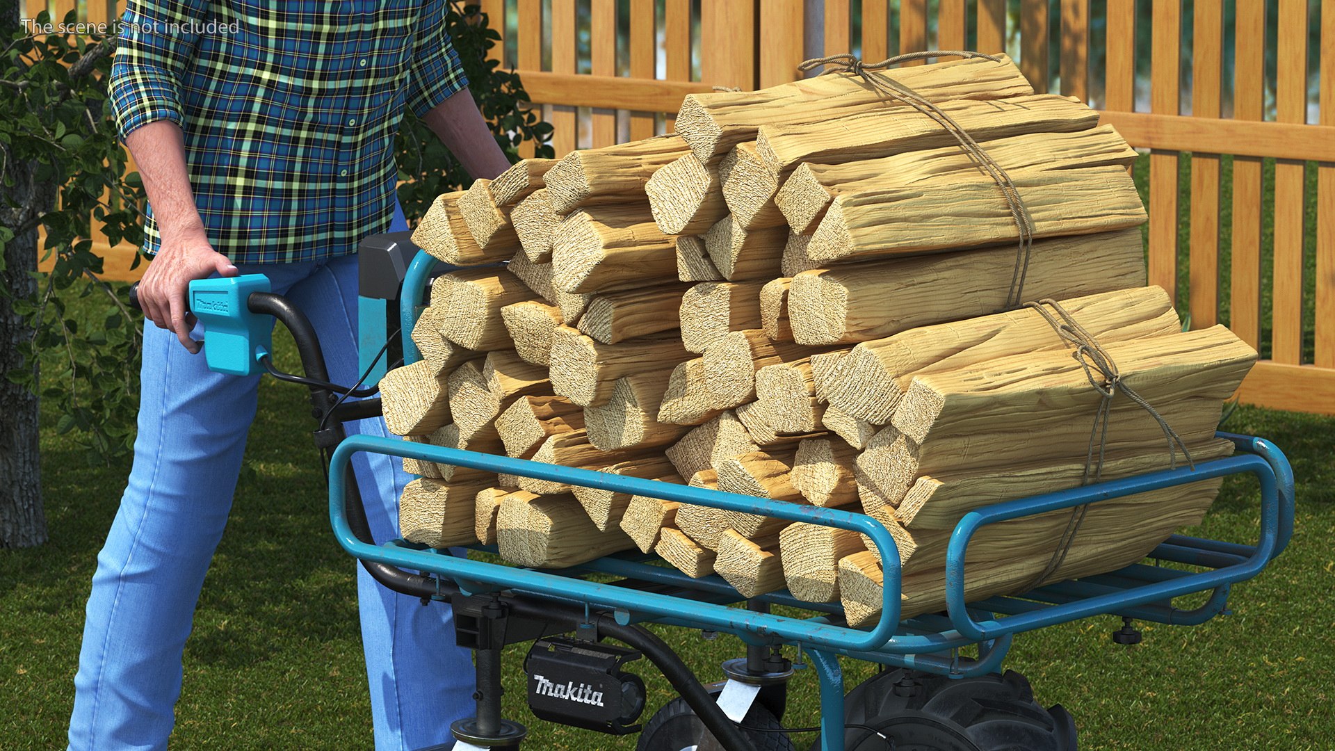 3D Elderly Man Makita DCU180ZF Electric Wheelbarrow With Wood Rigged ...