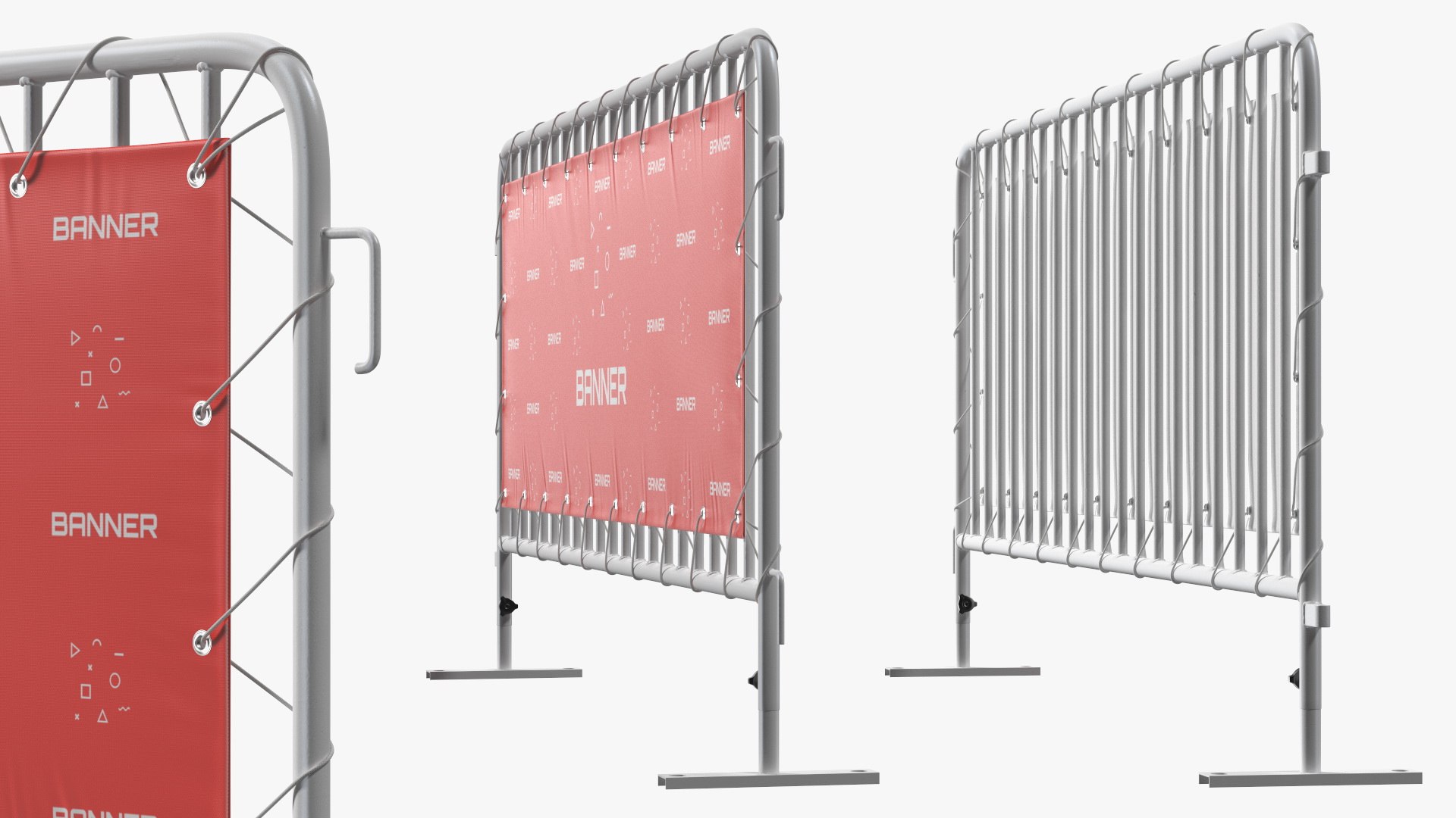 Red and White Crowd Control Barriers Line with Banners 3D model ...