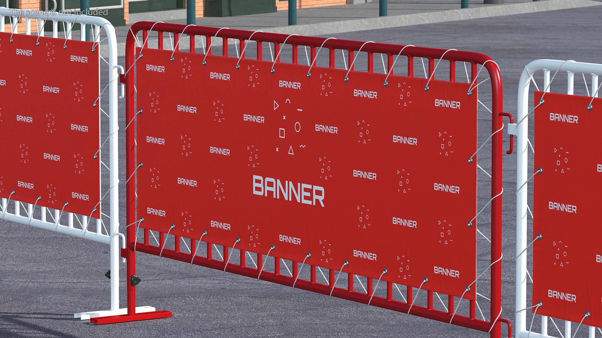 Red and White Crowd Control Barriers Line with Banners 3D model ...