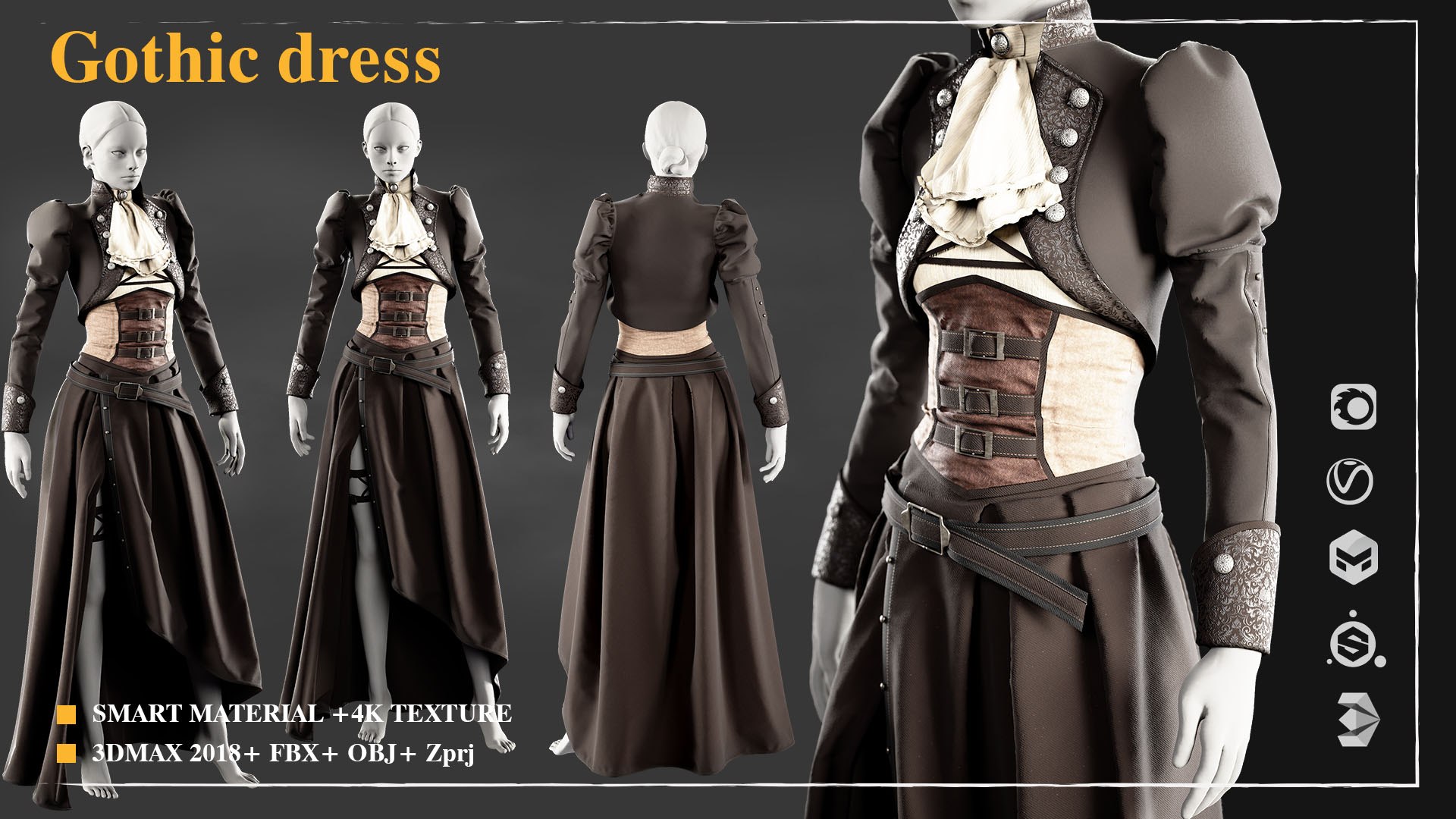 Gothic Dress Marvelous Designer 4k TexturesSmart Material OBJ-FBX 3D ...