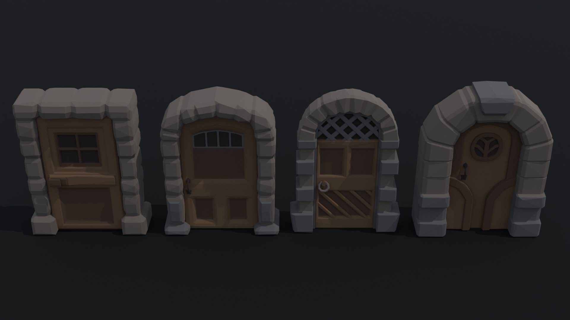 Low-poly Cartoon medieval windows and doors Polygonal Style 3D model ...