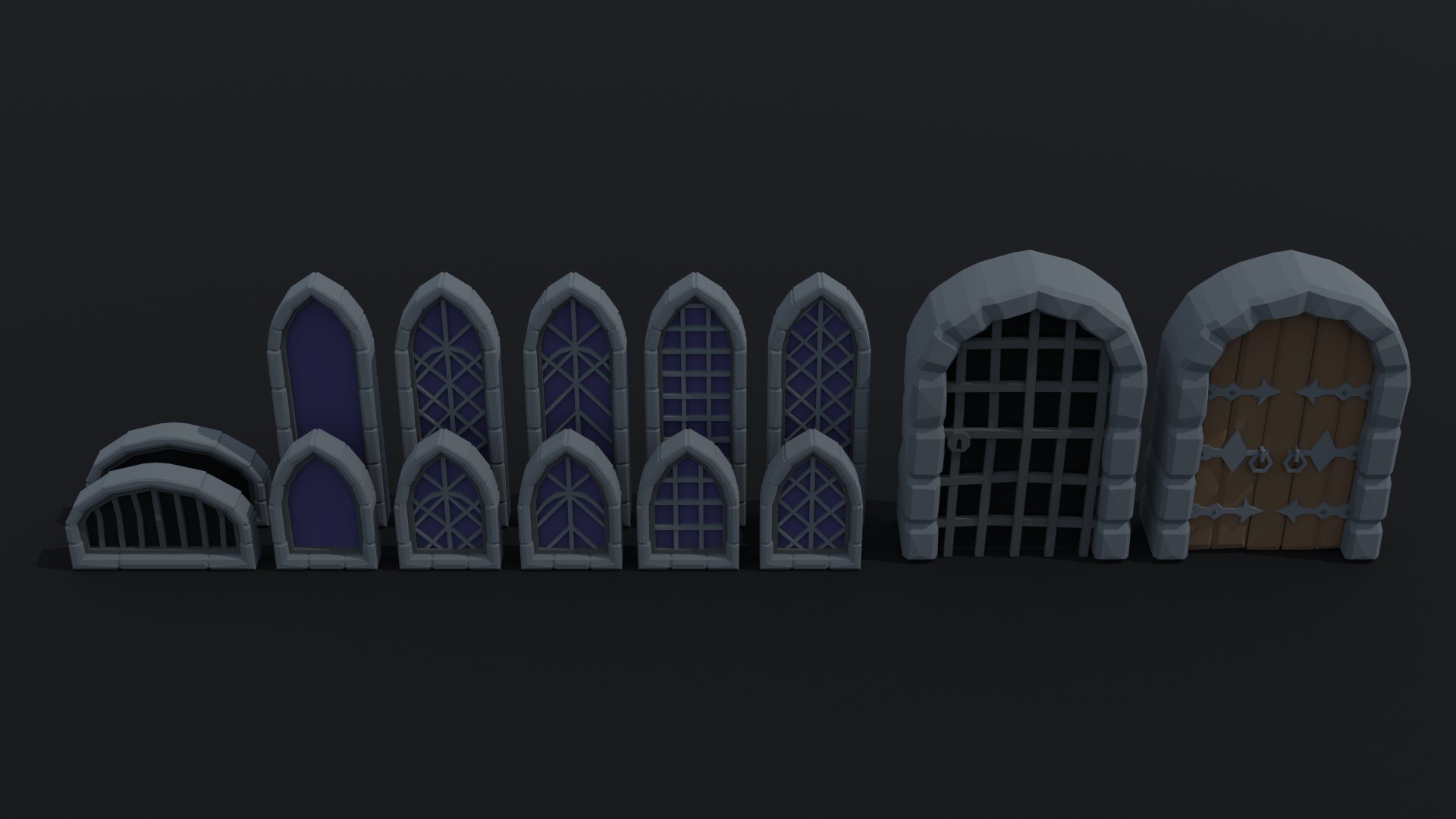 Low-poly Cartoon medieval windows and doors Polygonal Style 3D model ...