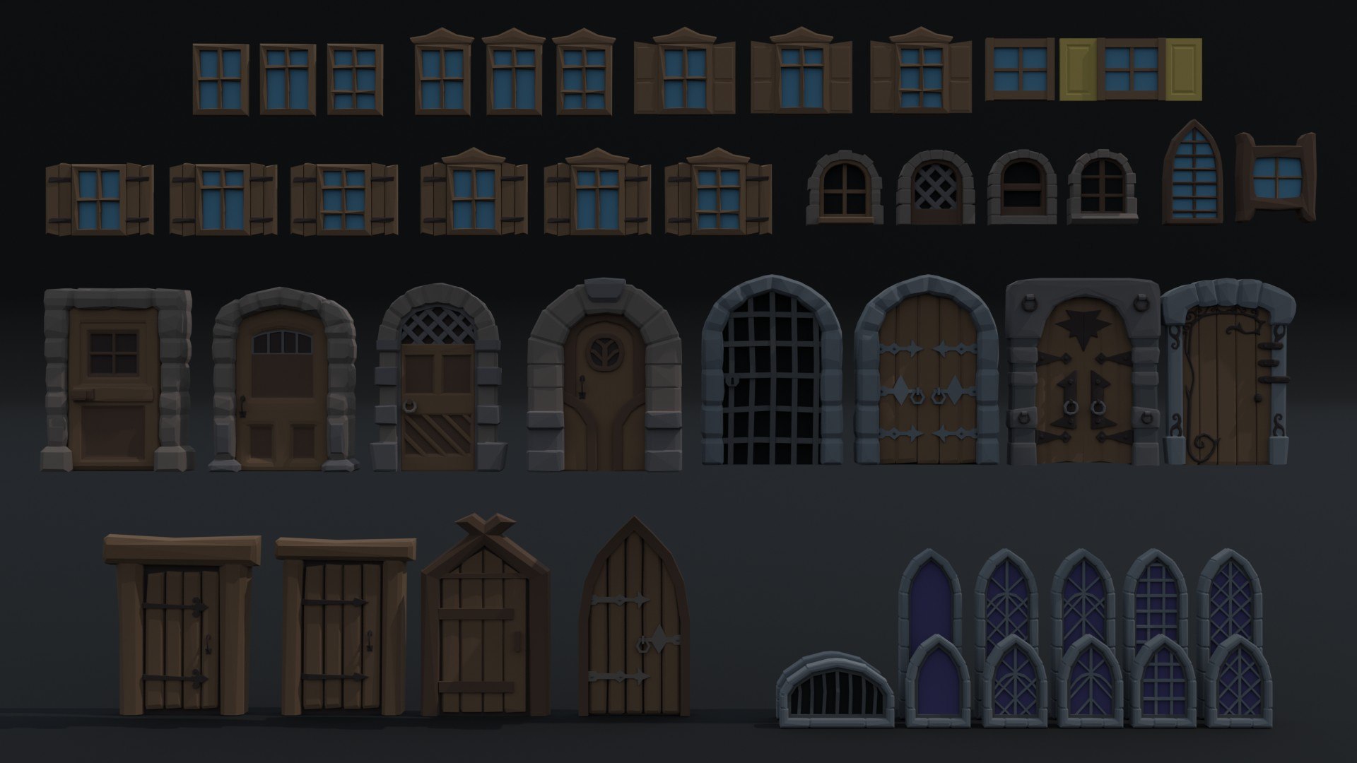 Low-poly Cartoon medieval windows and doors Polygonal Style 3D model ...