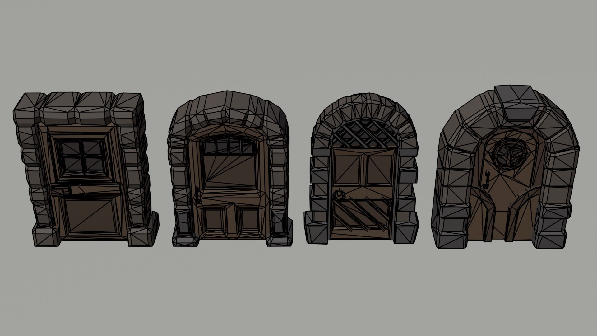 Low-poly Cartoon medieval windows and doors Polygonal Style 3D model ...