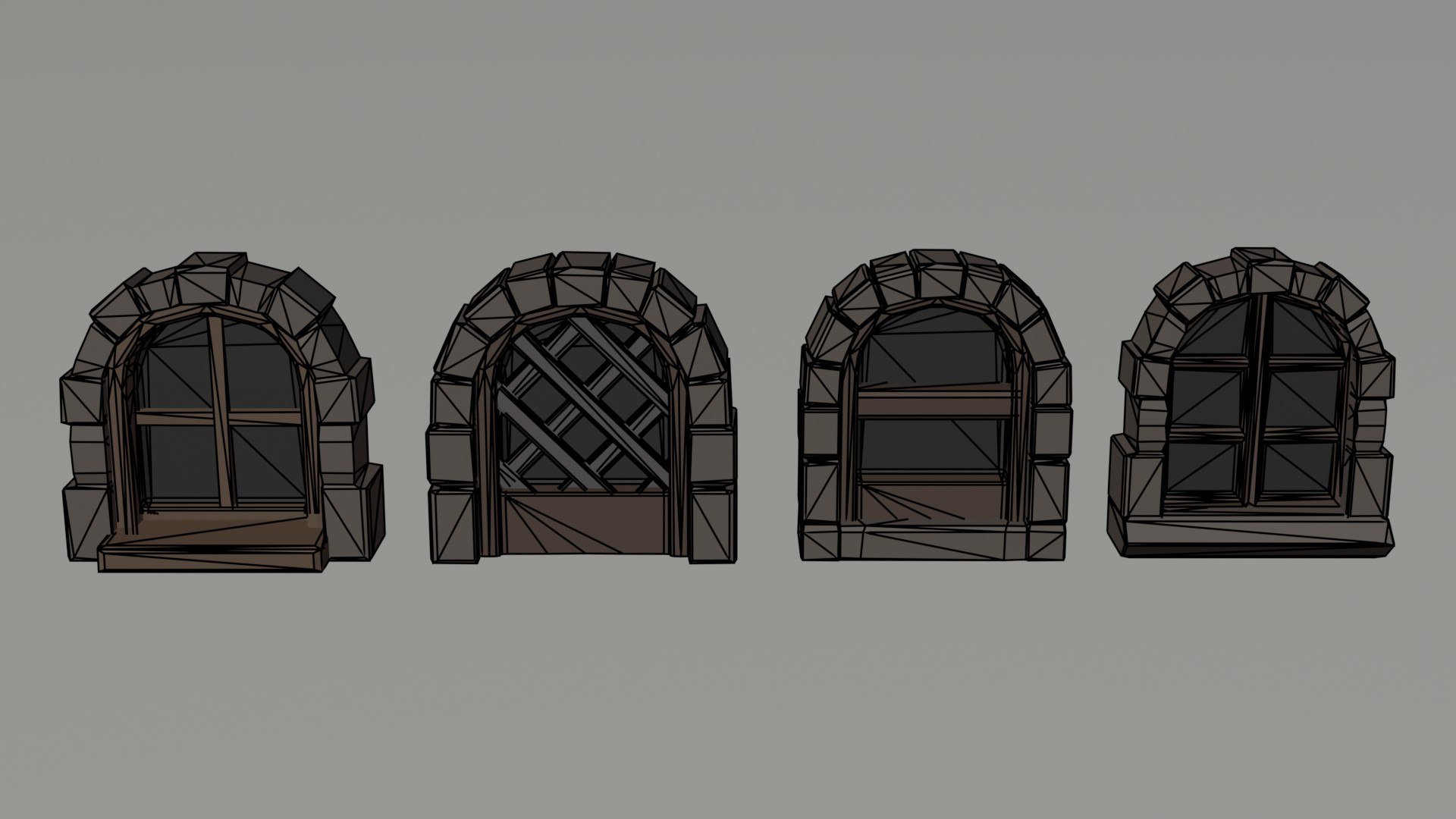 Low-poly Cartoon medieval windows and doors Polygonal Style 3D model ...