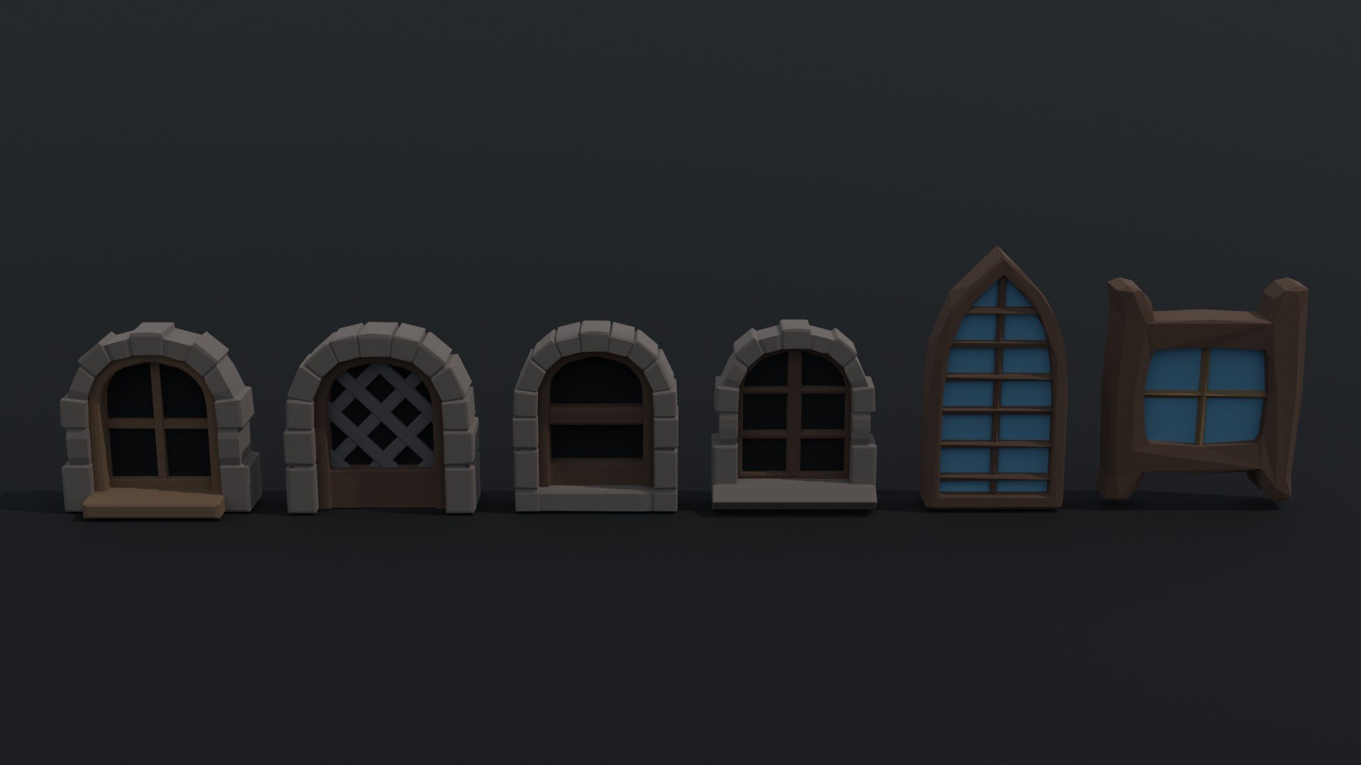 Low-poly Cartoon medieval windows and doors Polygonal Style 3D model ...