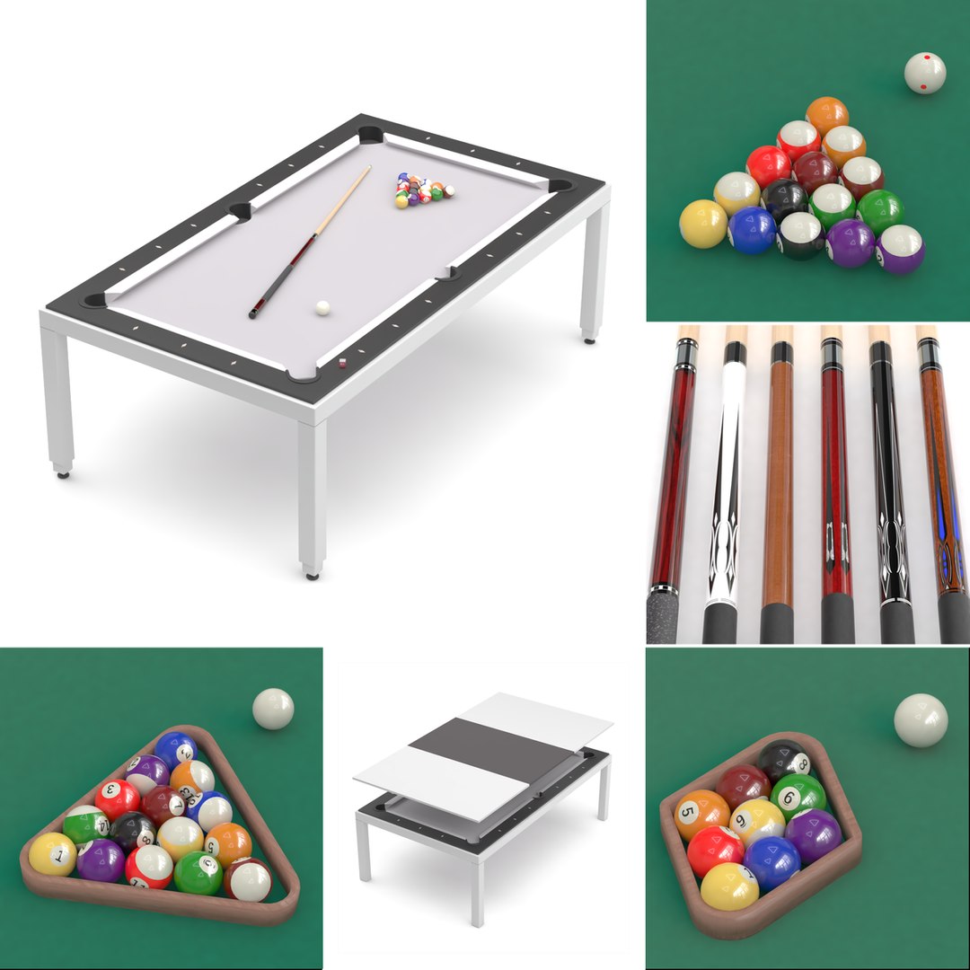 Billiard - pool table with pool cue wall rack and billiard balls3D模型 ...