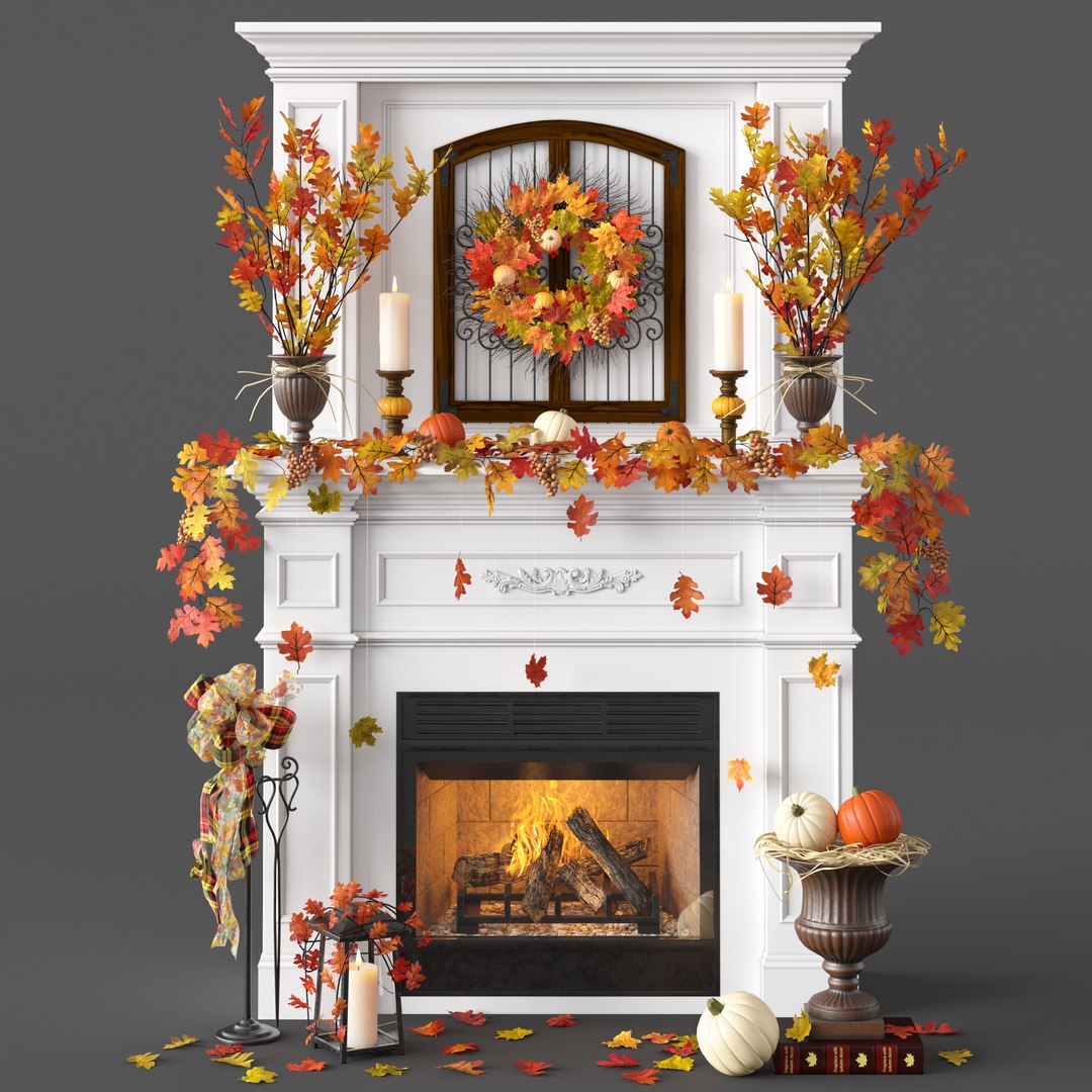 Fireplace With Autumn Decor 3D Model - TurboSquid 1789432