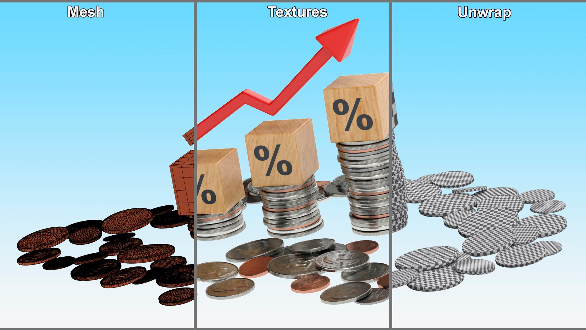 Percentage Arrow Graph With Coins 3D Model - TurboSquid 2278930