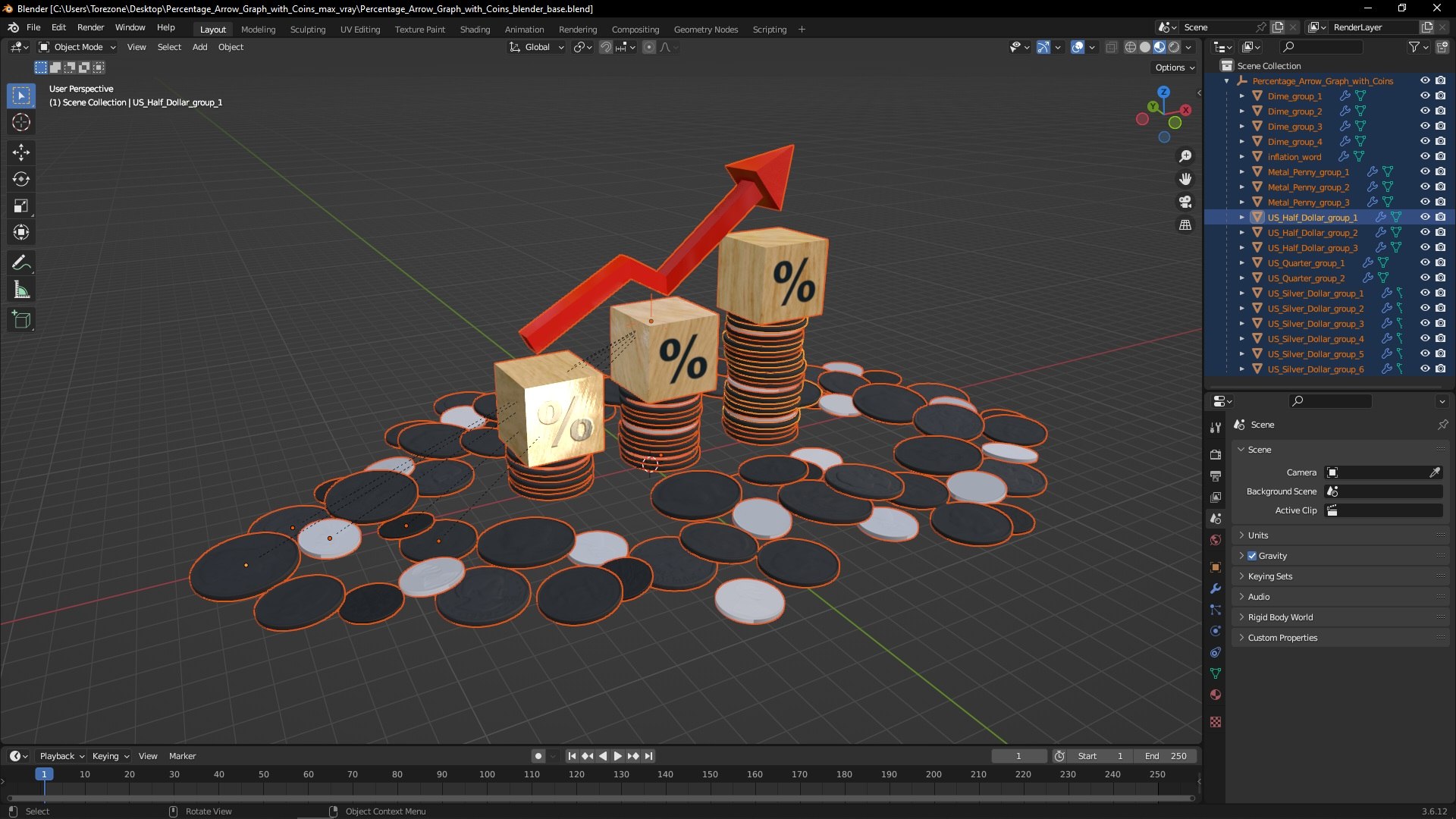 Percentage Arrow Graph With Coins 3D Model - TurboSquid 2278930