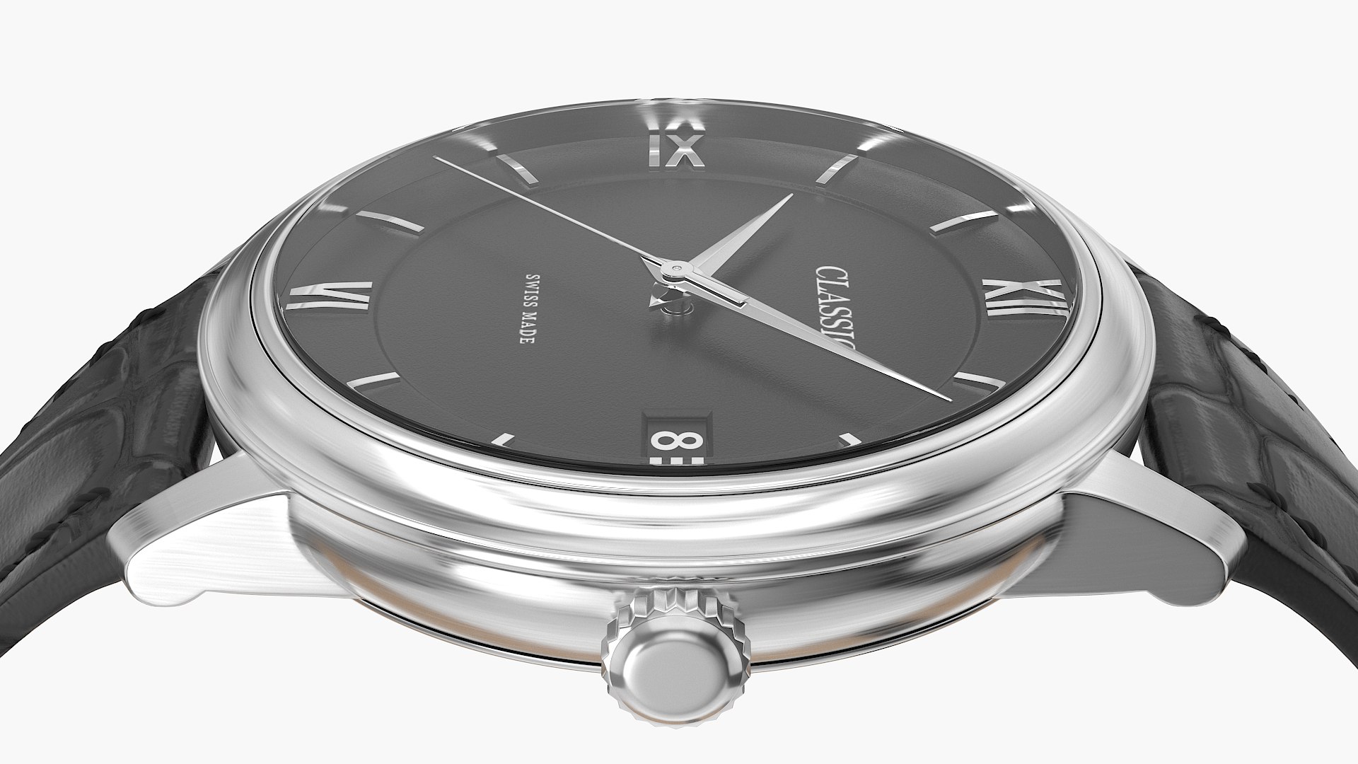 3D Classic Watch Black Leather Bracelet Black Dial Model - TurboSquid ...