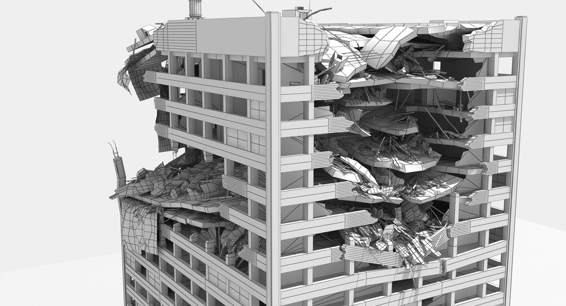 3d destroyed ruined building skyscrapers model