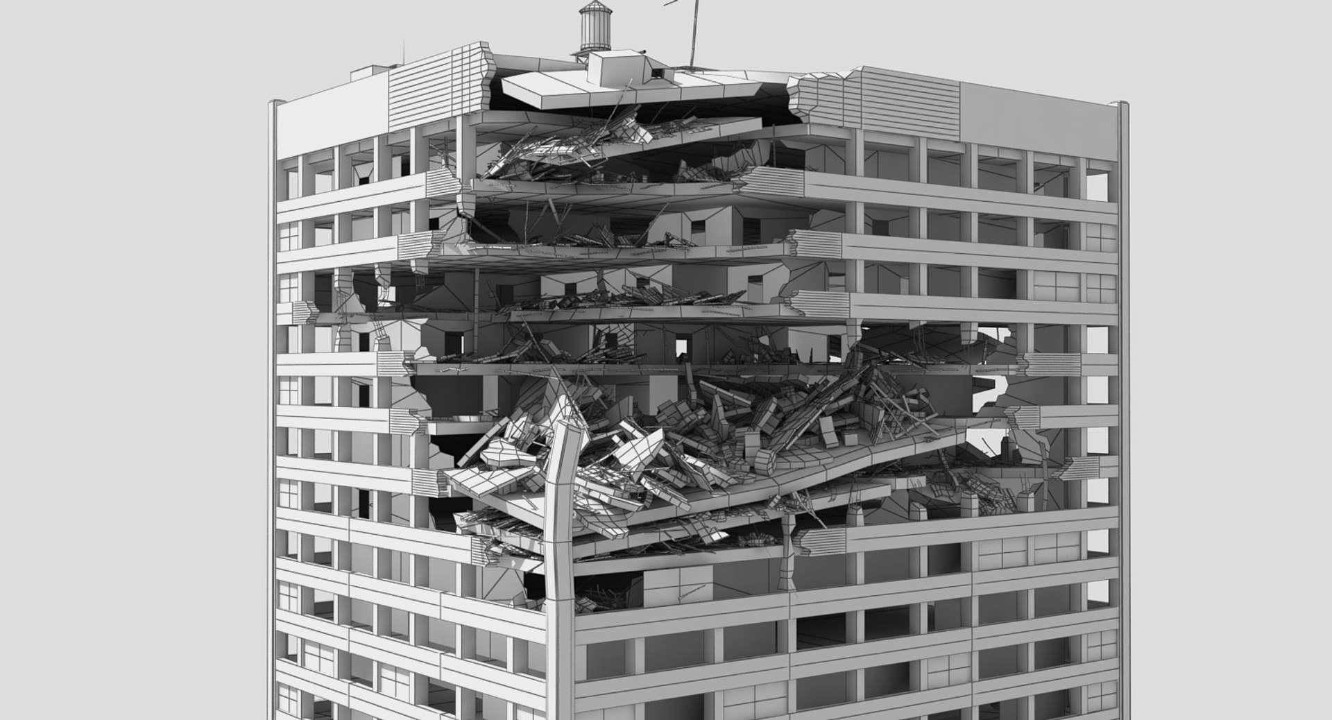 3d destroyed ruined building skyscrapers model