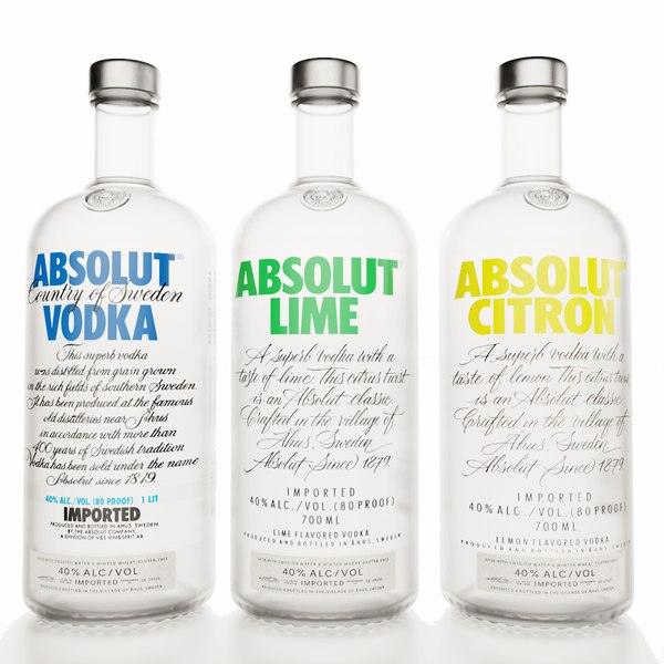 modelo 3d Botellas de vodka Absolut, alcohol de lima y cidra ...