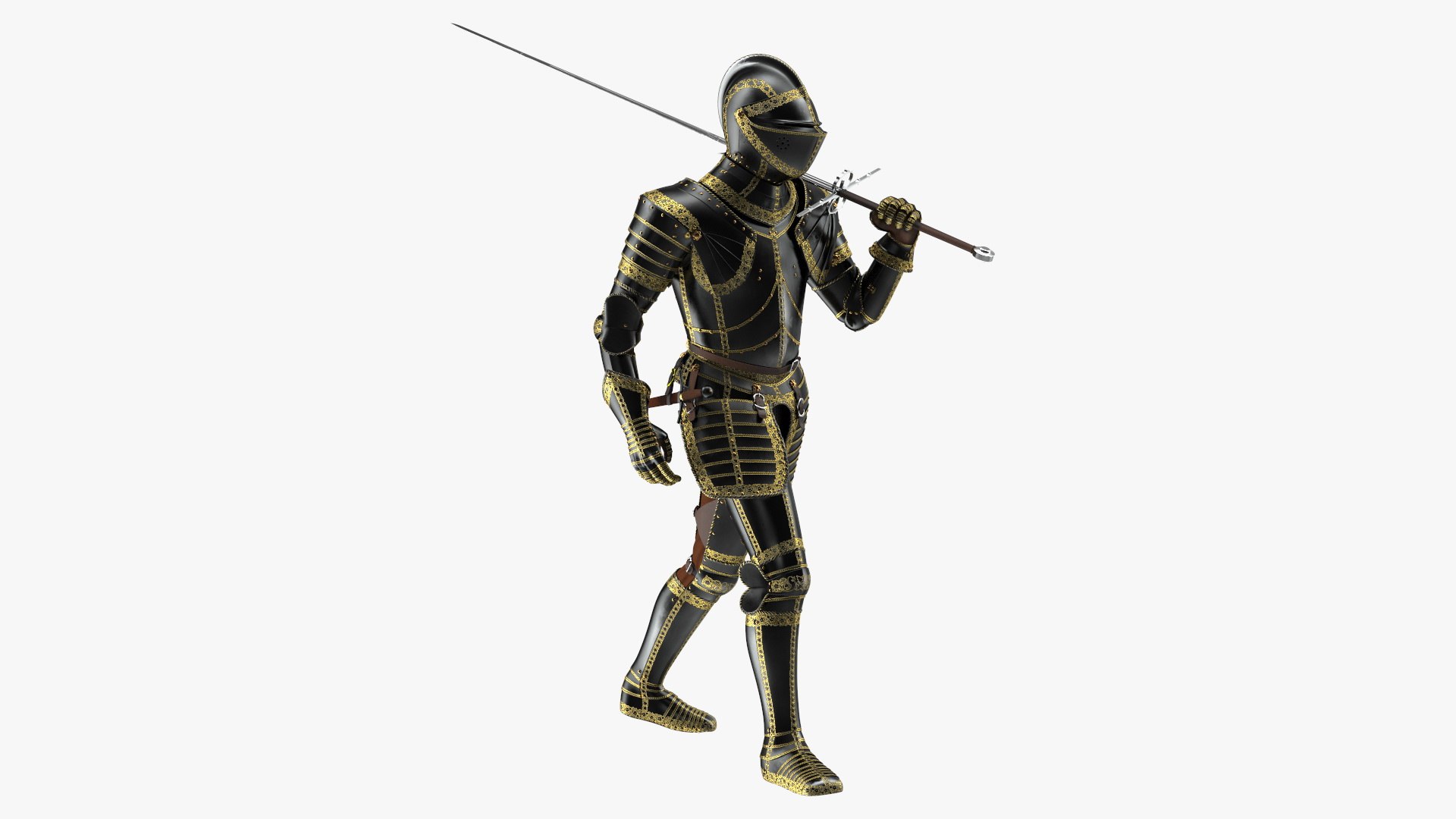 3D Model Medieval Knight Black Gold Full Armor Walking Pose ...