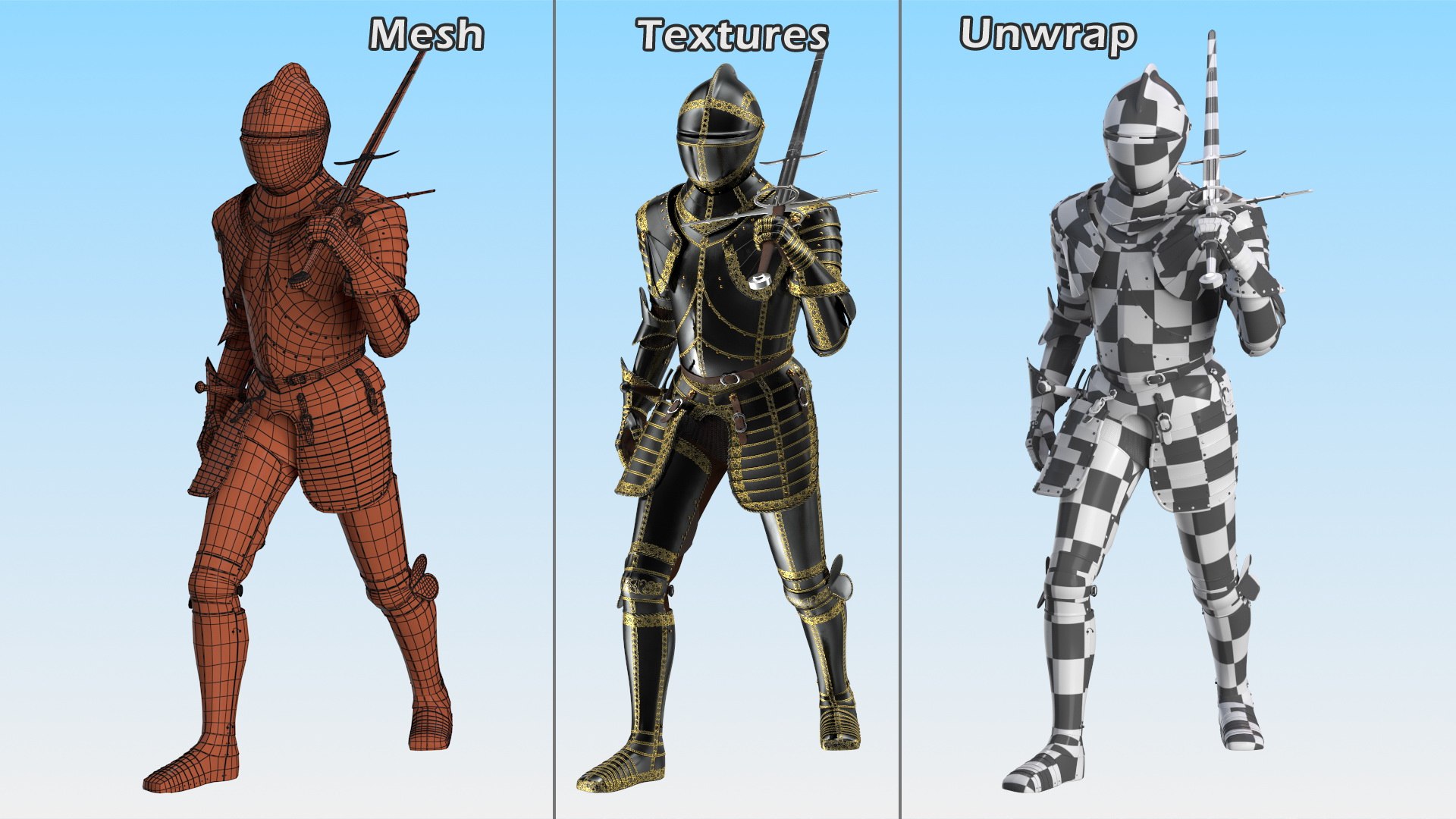 3D model Medieval Knight Black Gold Full Armor Walking Pose ...