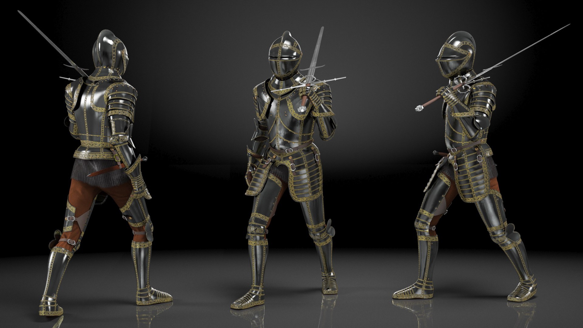 3D model Medieval Knight Black Gold Full Armor Walking Pose ...