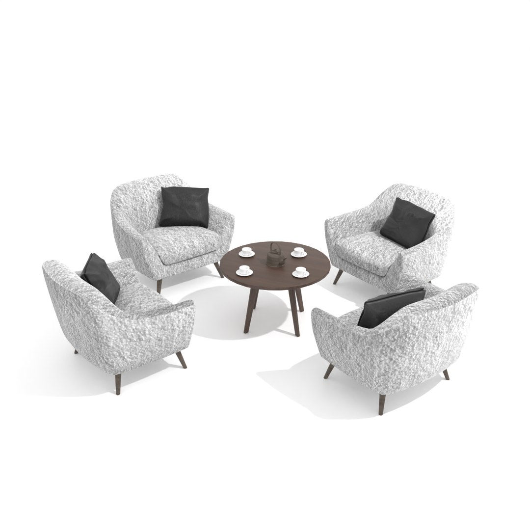3D 4 Elegant Chairs With Table Coffee Cups And Kettle - TurboSquid 2227808