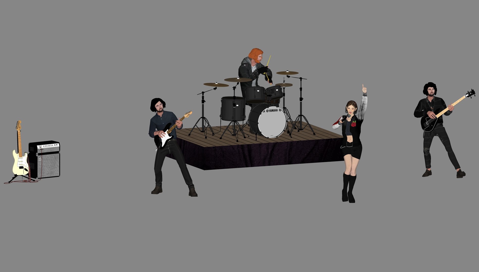 3D Singers Perform Rock Bands Sing Guitarists Drummers Drums Model ...