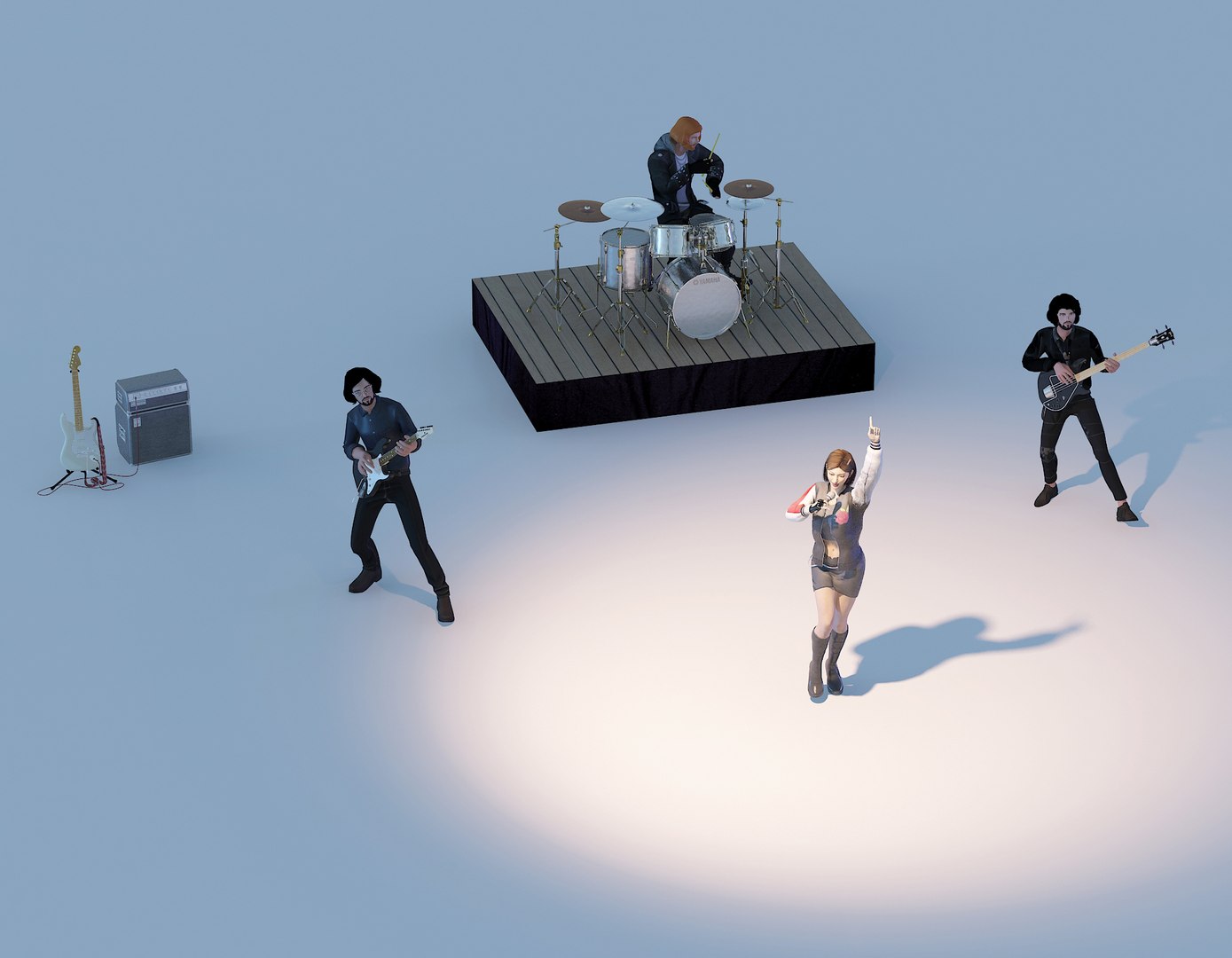 3D Singers perform rock bands sing guitarists drummers drums model ...
