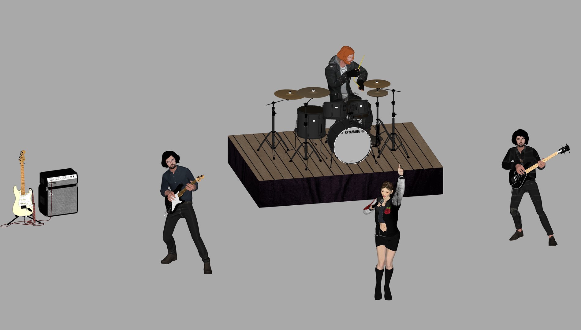 3D Singers Perform Rock Bands Sing Guitarists Drummers Drums Model ...