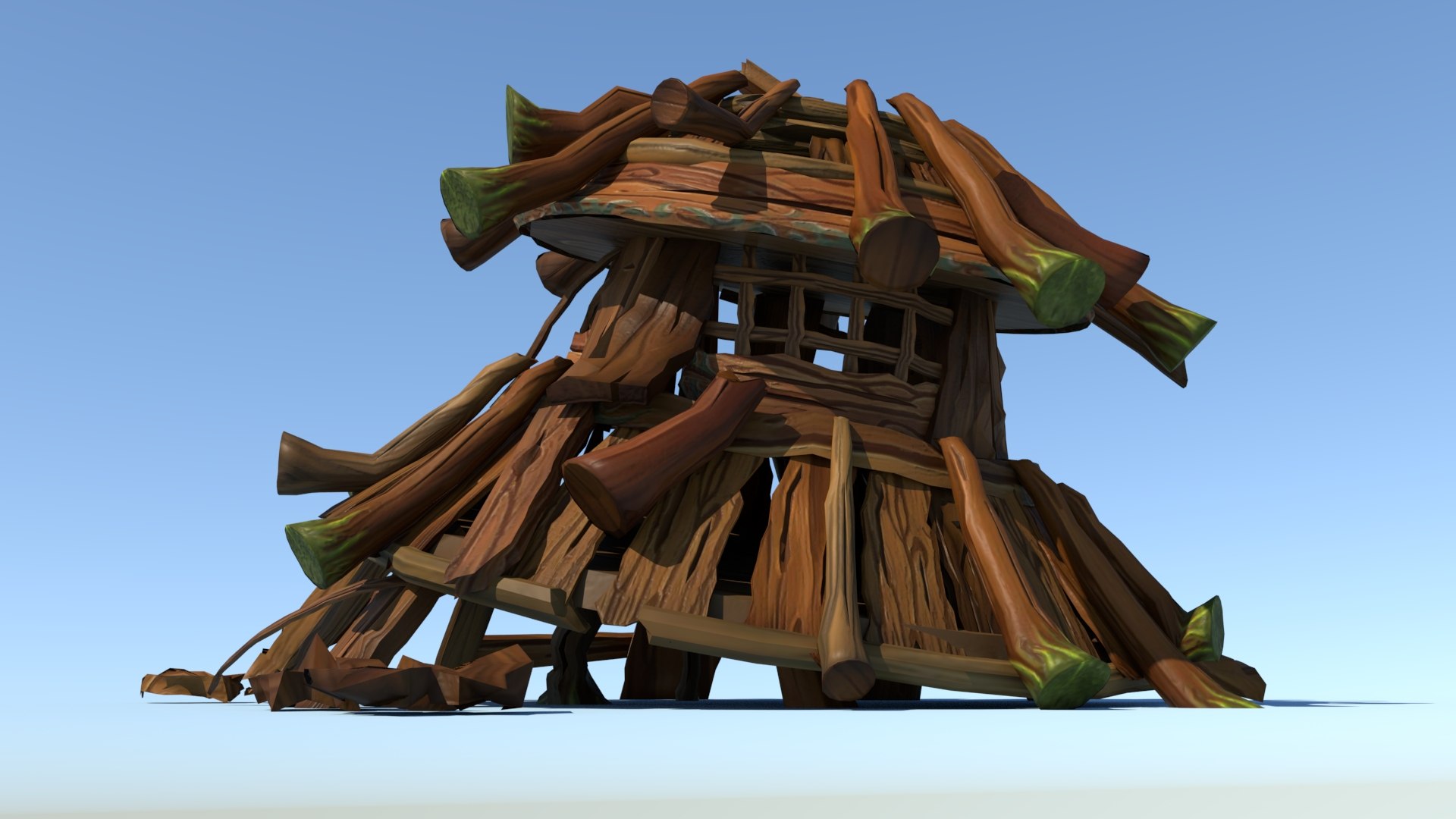 Cartoon Wooden House Log Cabin Frame Collapse Temple Blockhouse 3D ...