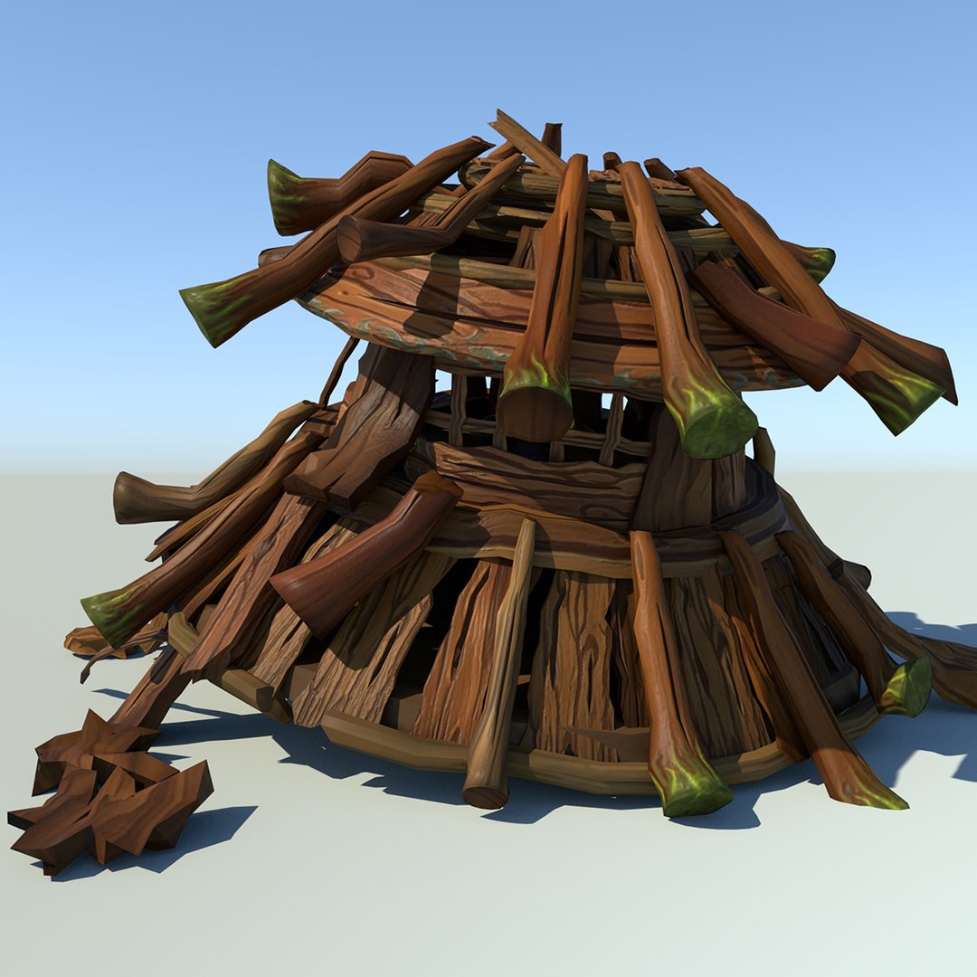 Cartoon Wooden House Log Cabin Frame Collapse Temple Blockhouse 3D ...