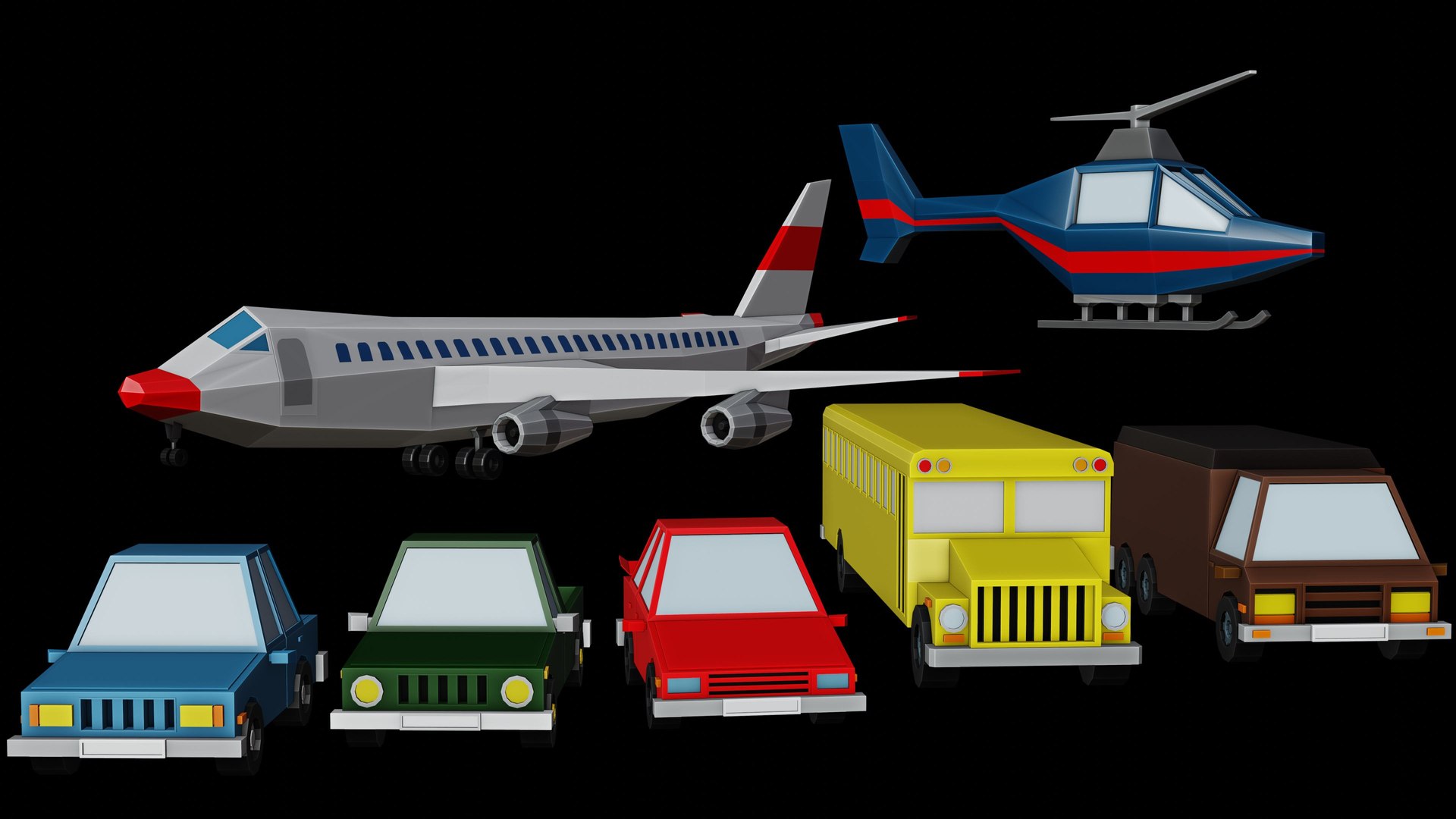 Low Poly Vehicle Assets For 3D Games- Car Pickup Van Bus Airplane And ...