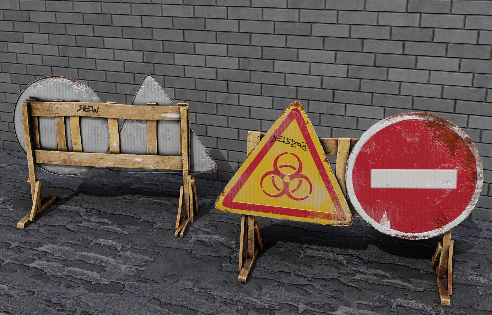3D wooden digging radiation land Street Sign post-apocalyptic dirty ...