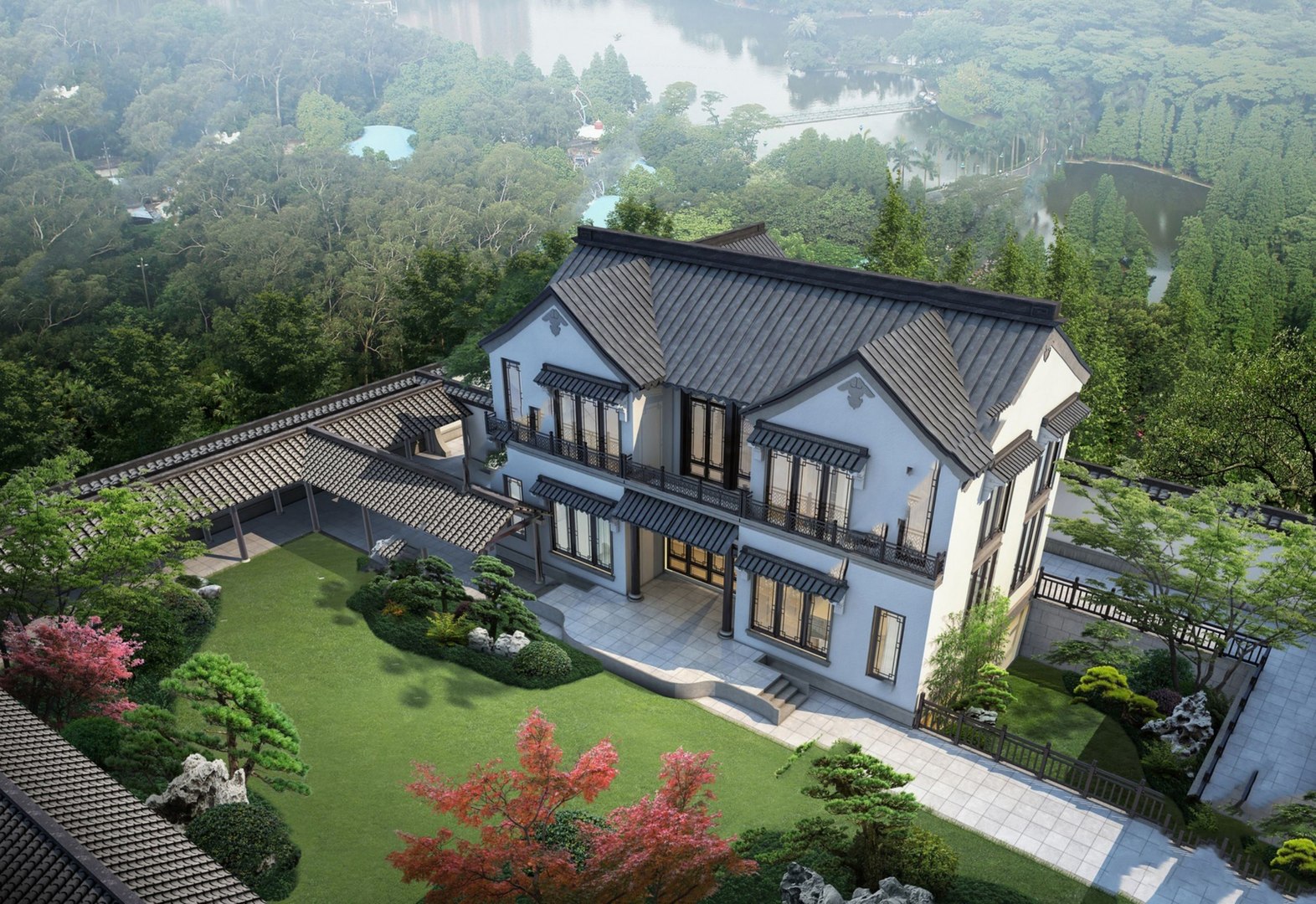 3D Modern and minimalist new Chinese style single family villa ...