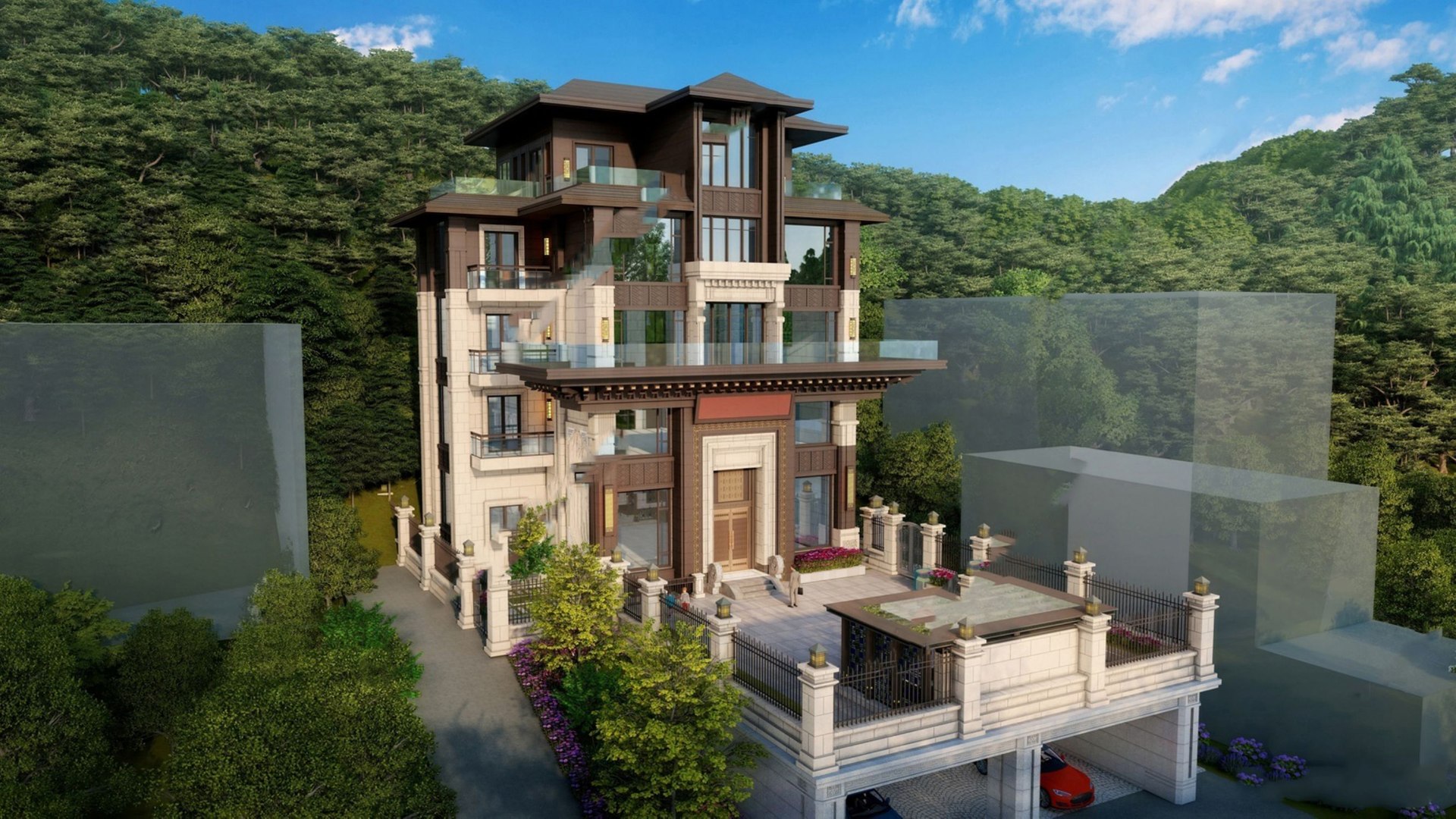 3D Modern and minimalist new Chinese style single family villa ...