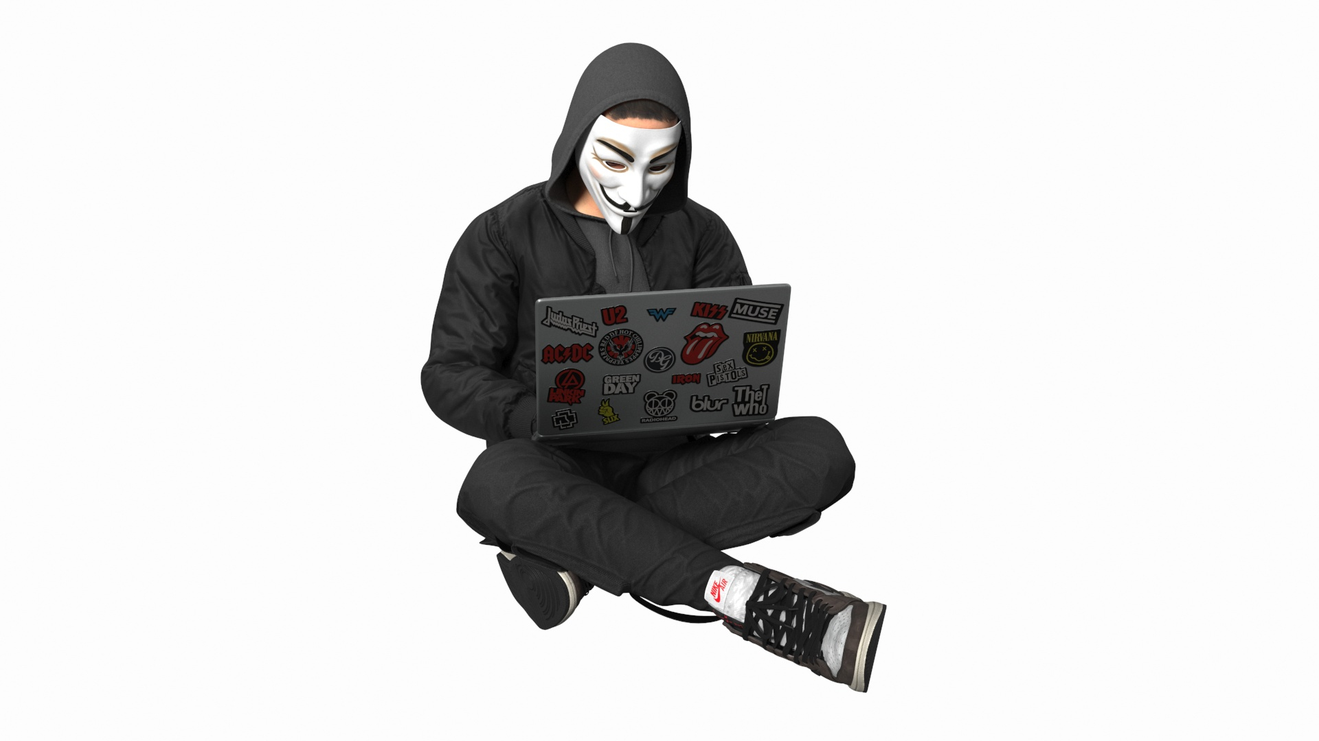 3D Hacker In Anonymous Mask Sitting Pose - TurboSquid 2426107