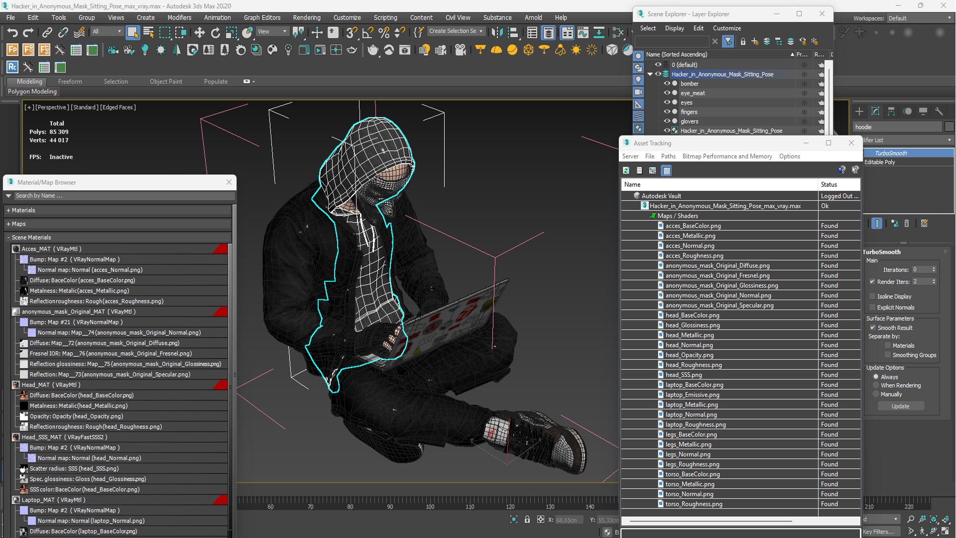3D Hacker In Anonymous Mask Sitting Pose - TurboSquid 2426107